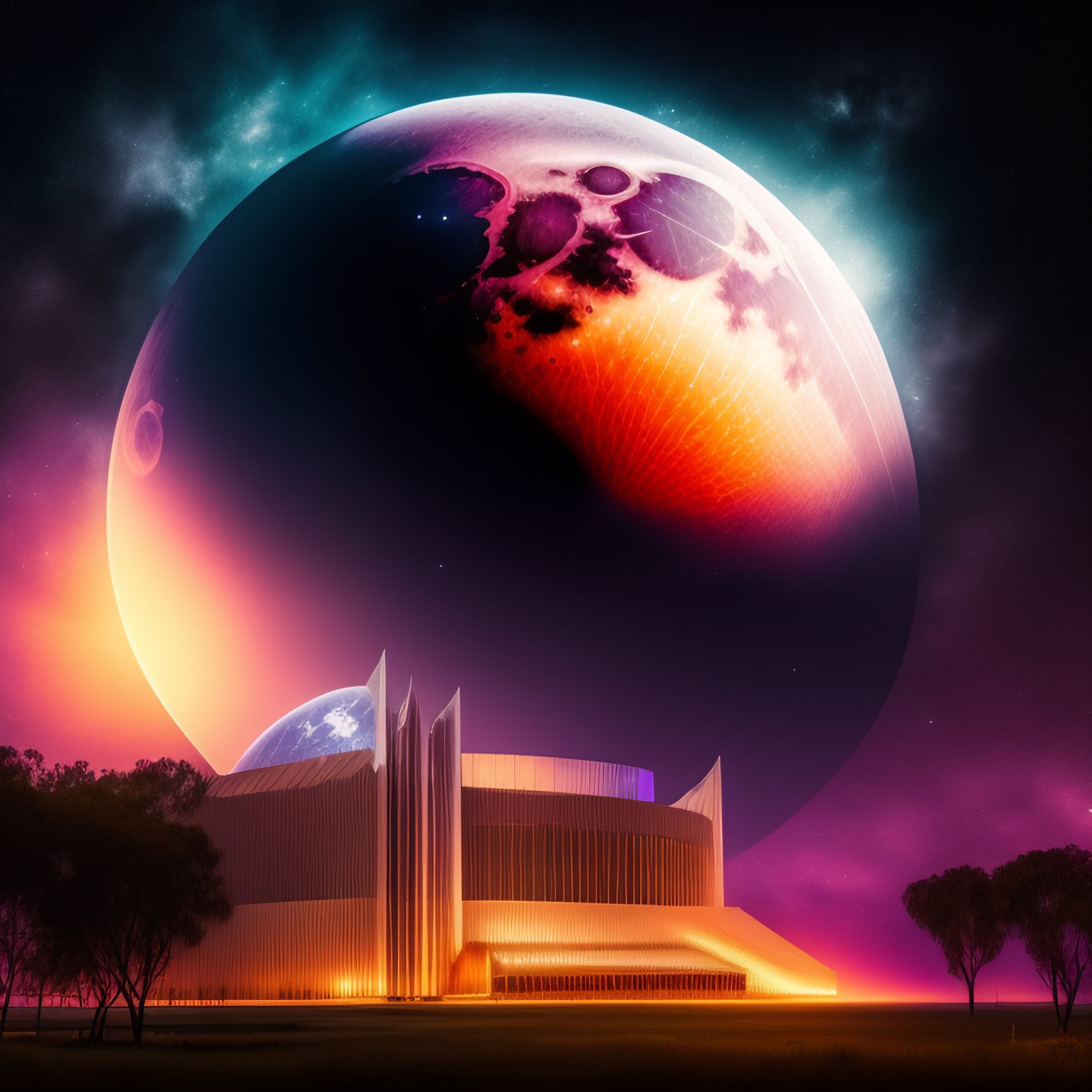 Lexica - A crystal cathedral, one night fogged, with a large blood moon ...
