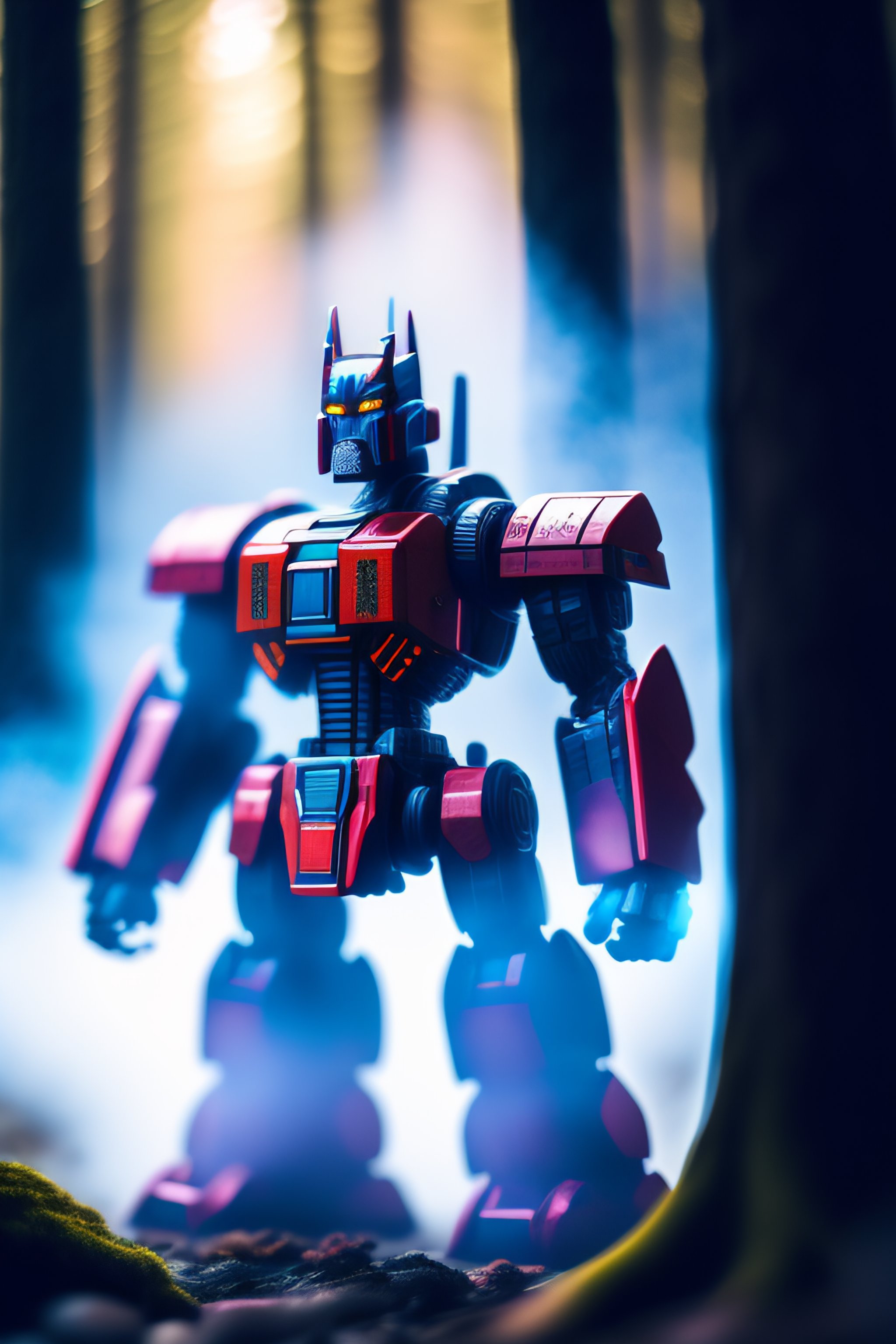 Lexica - Photography of optimus prime in action pose in the forest with ...