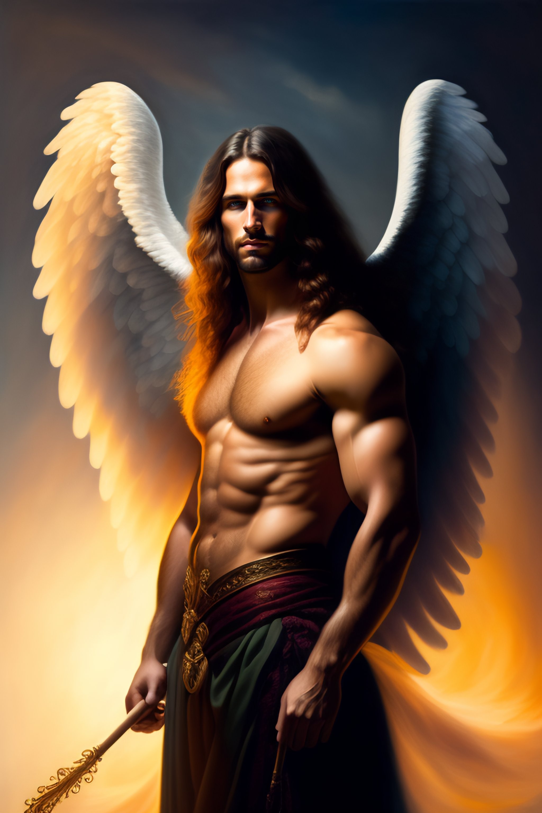 Lexica - Portrait of a male angel, majestic, long hair, 2 long wings, holding staff, fine art ...