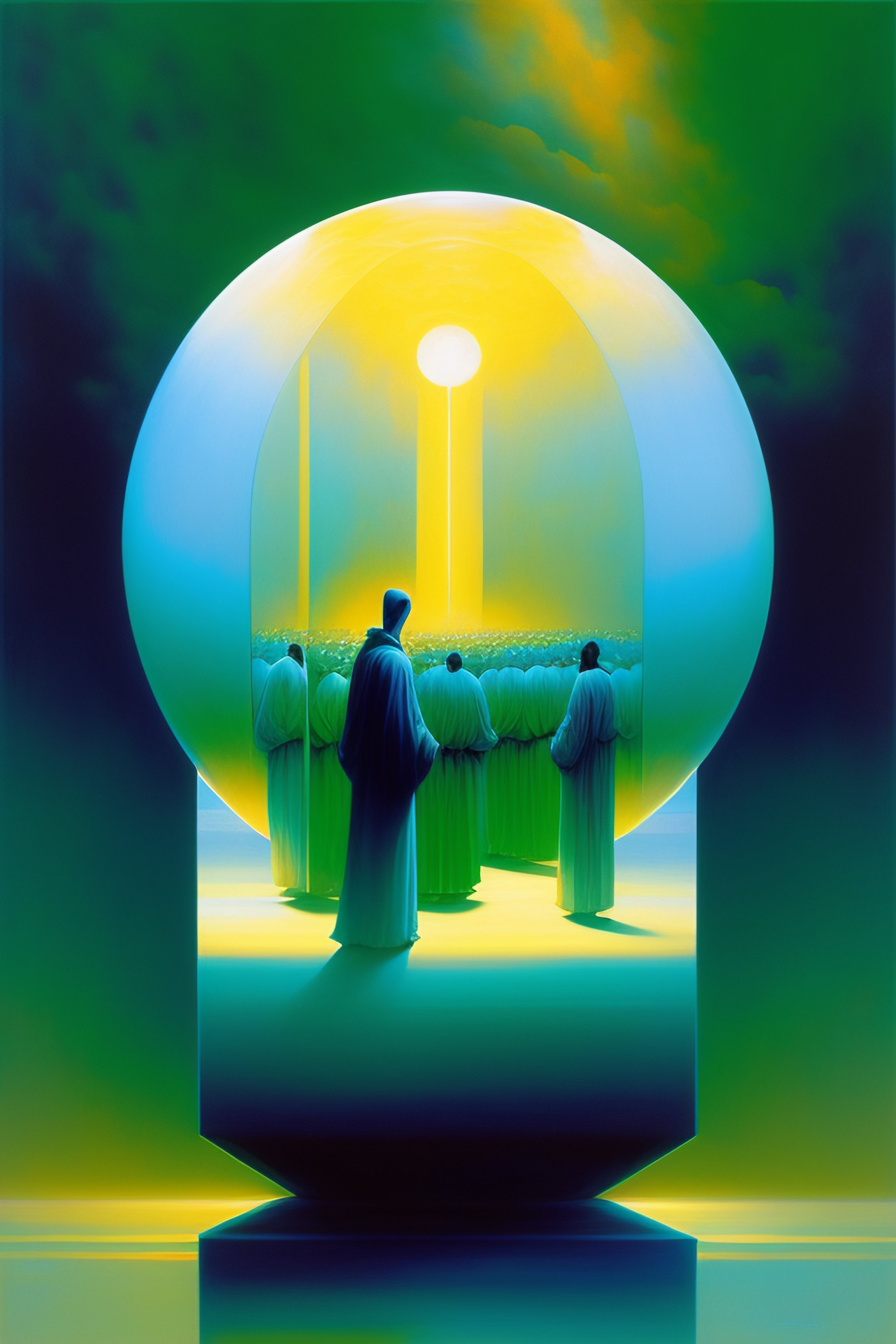 Lexica - Worshippers in robes huddled around a very complex gigantic ...