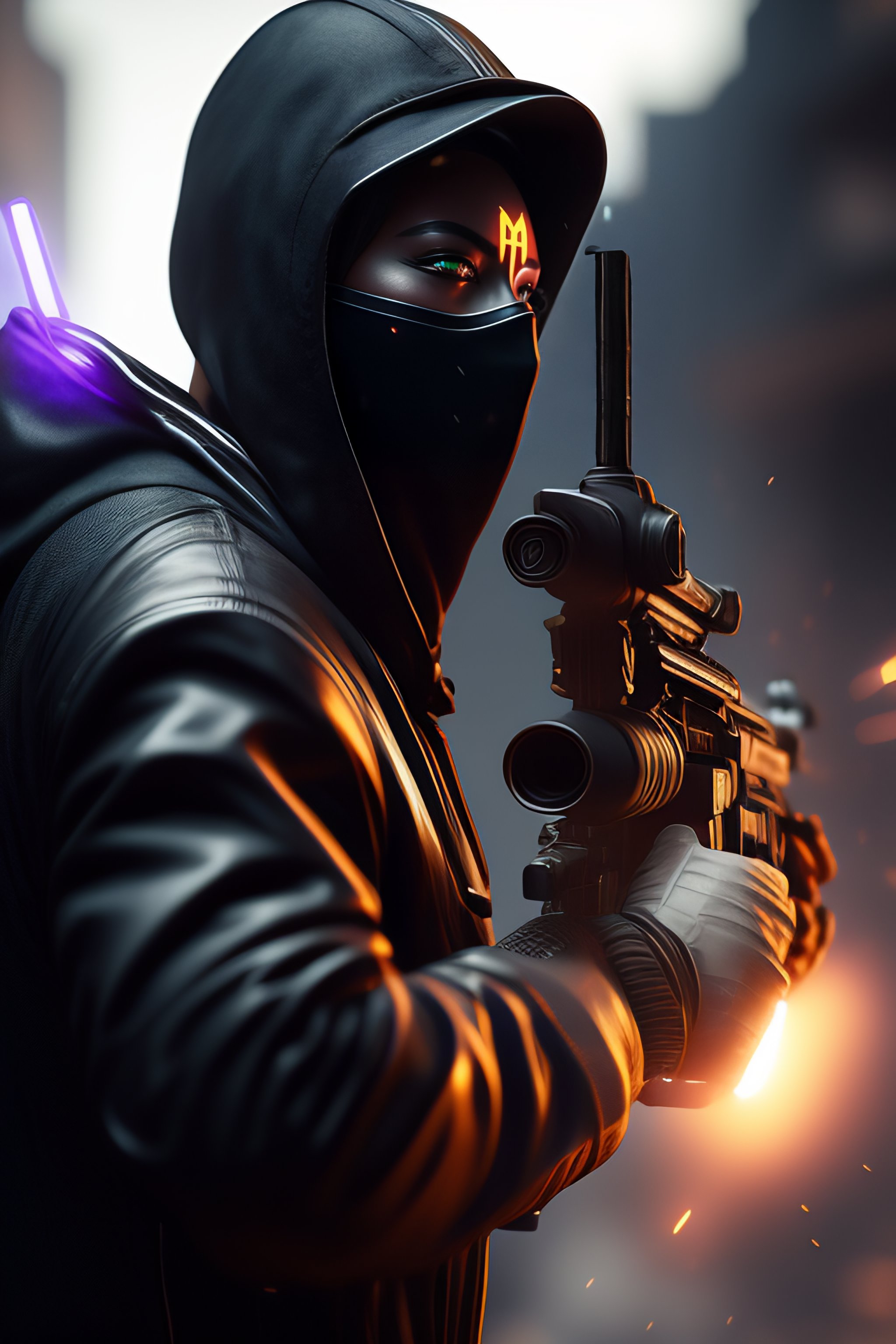 Lexica - Masked cyberpunk assassin, shooting gun, hyper realistic ...