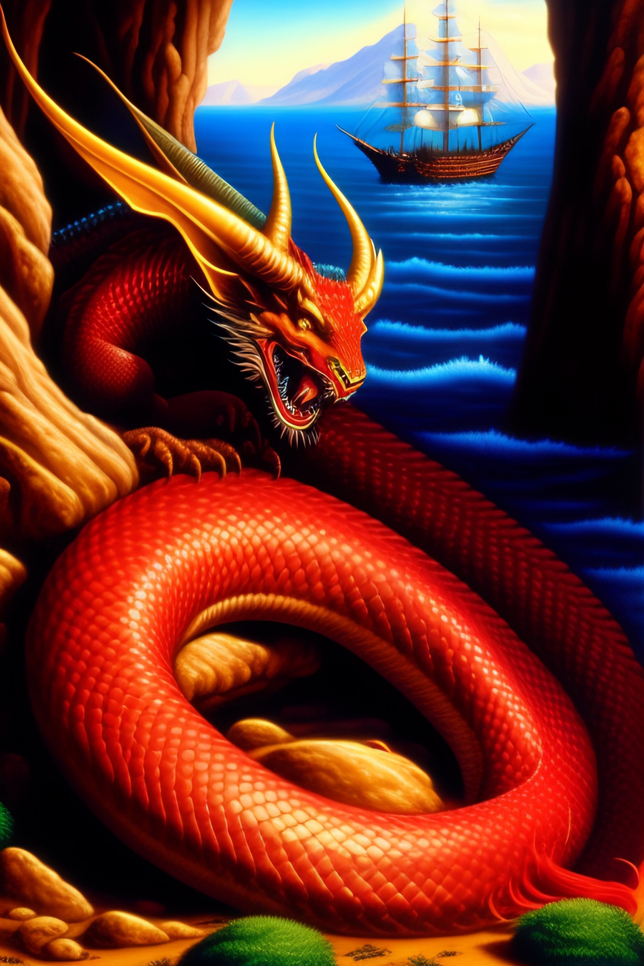 Lexica - Painting, red dragon lying on treasures , highly detailed ...