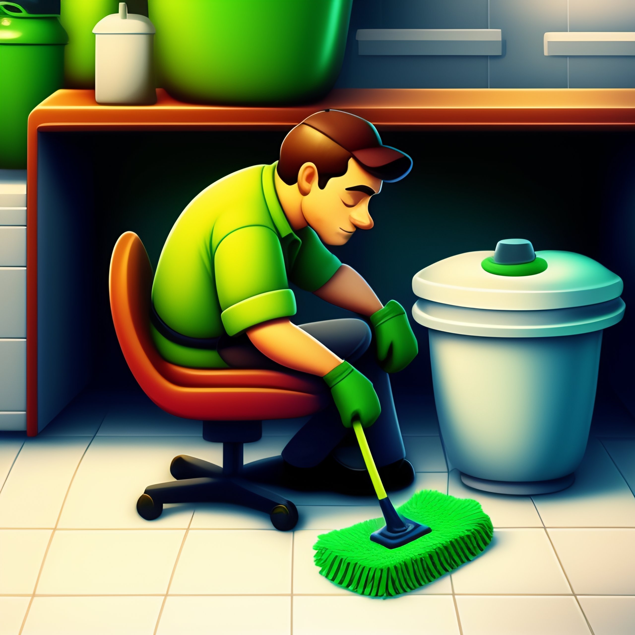 Lexica - Sleeping janitor - male - in janitor closet - 1970 era ...