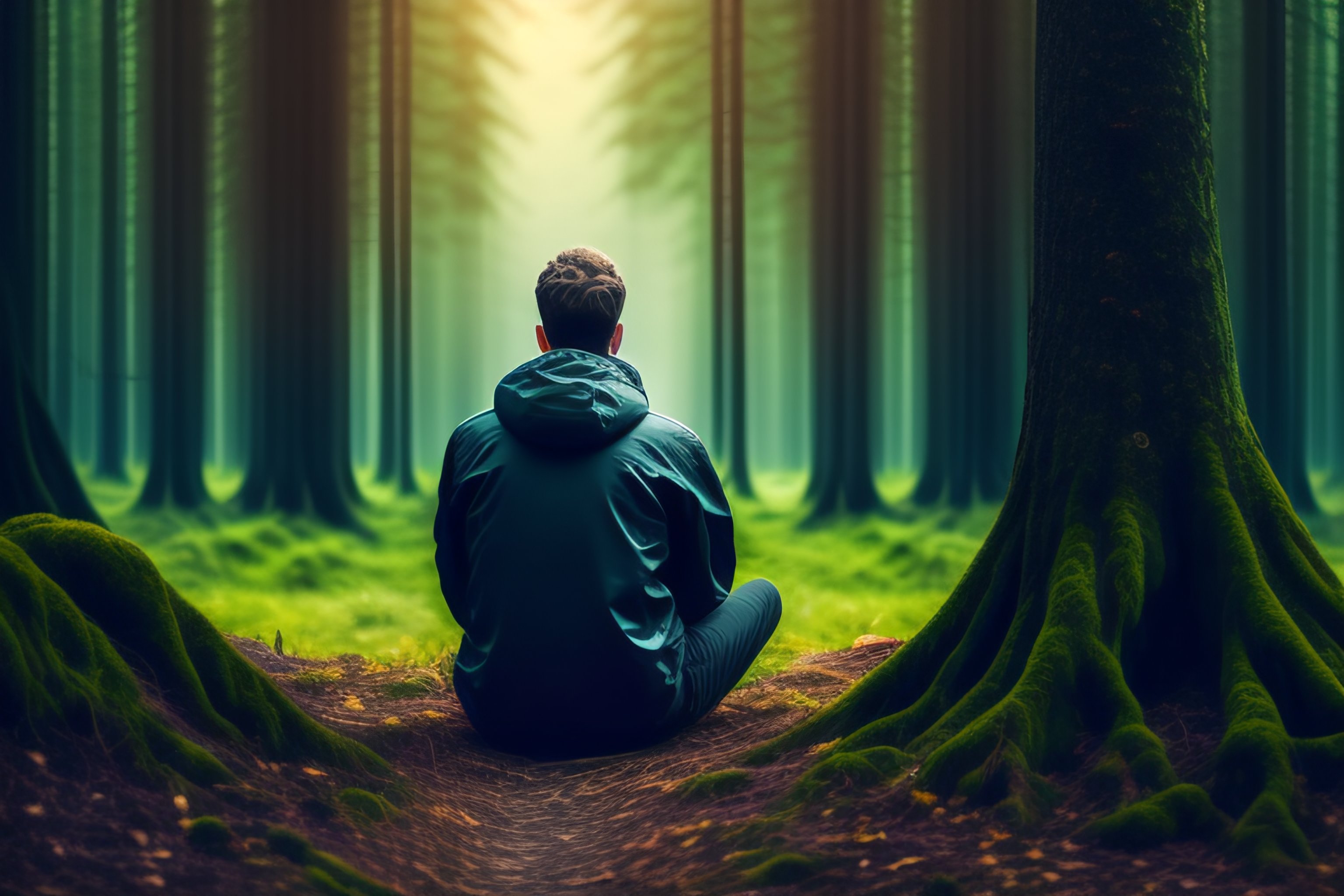 Lexica - Eerie photograph of a lone person sitting in a forest on the ...