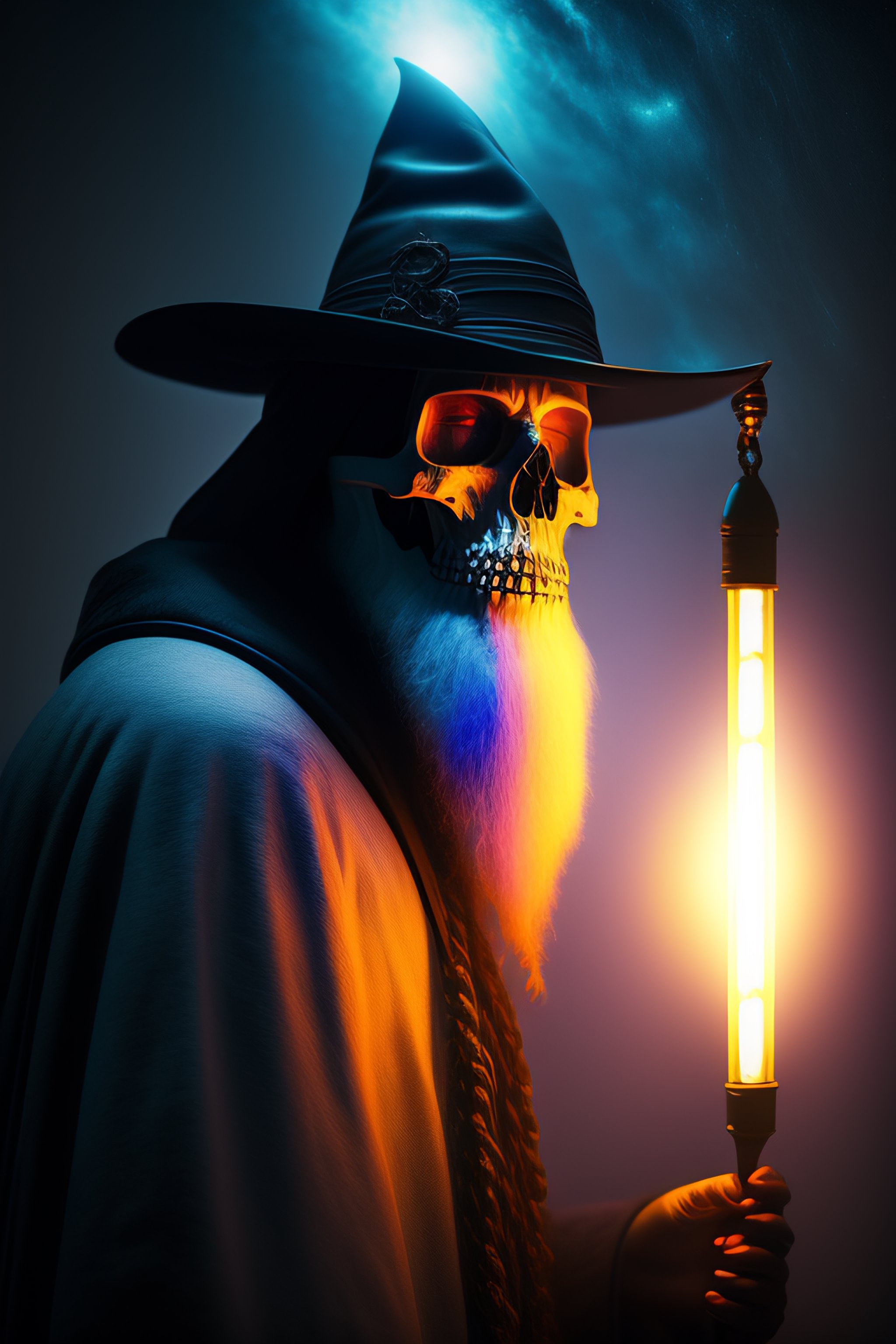 Lexica - Wizard with a skull mask holding a bright light in a dark room ...