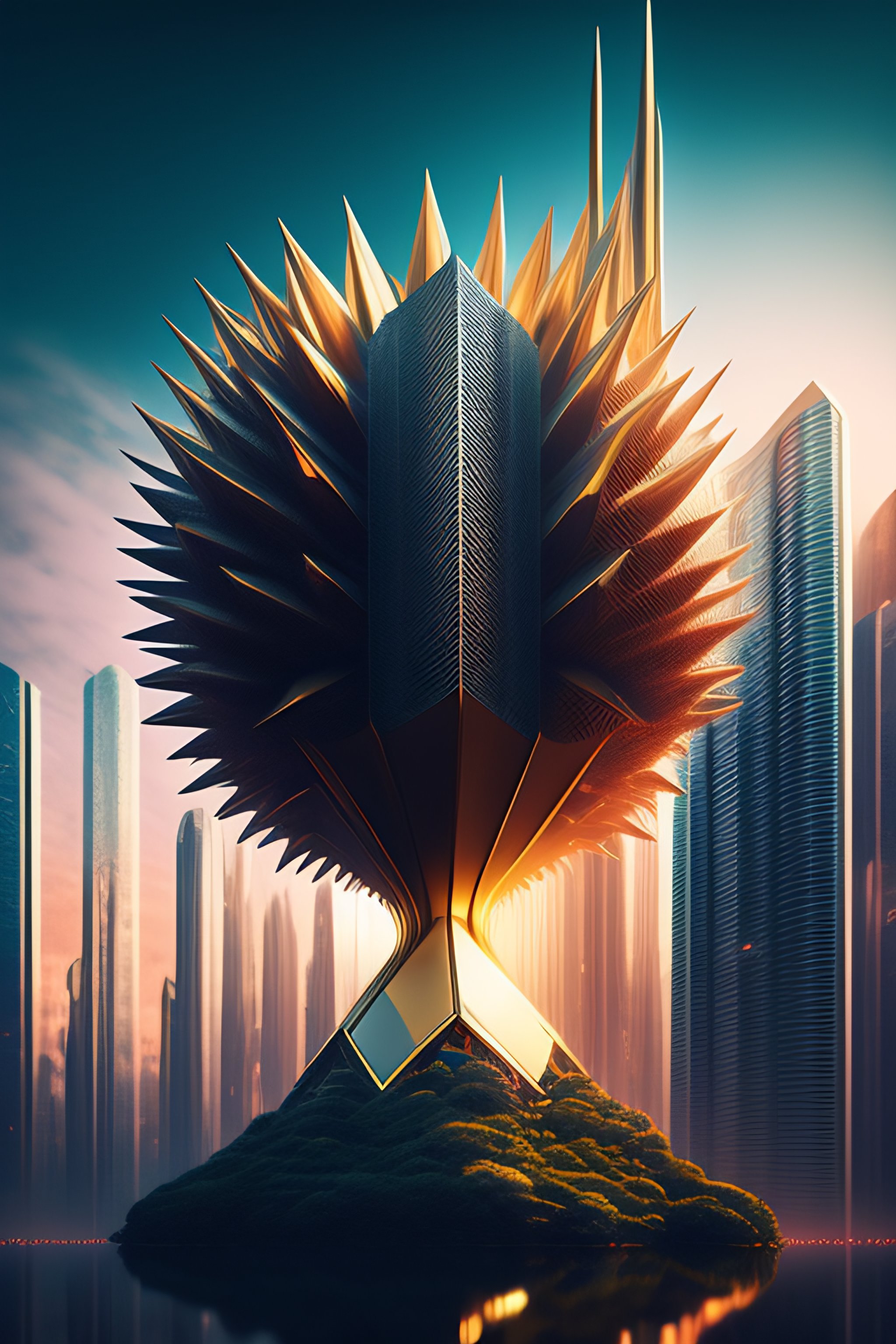 Lexica - A giant spiky marble in the middle of a futuristic city, vibrant
