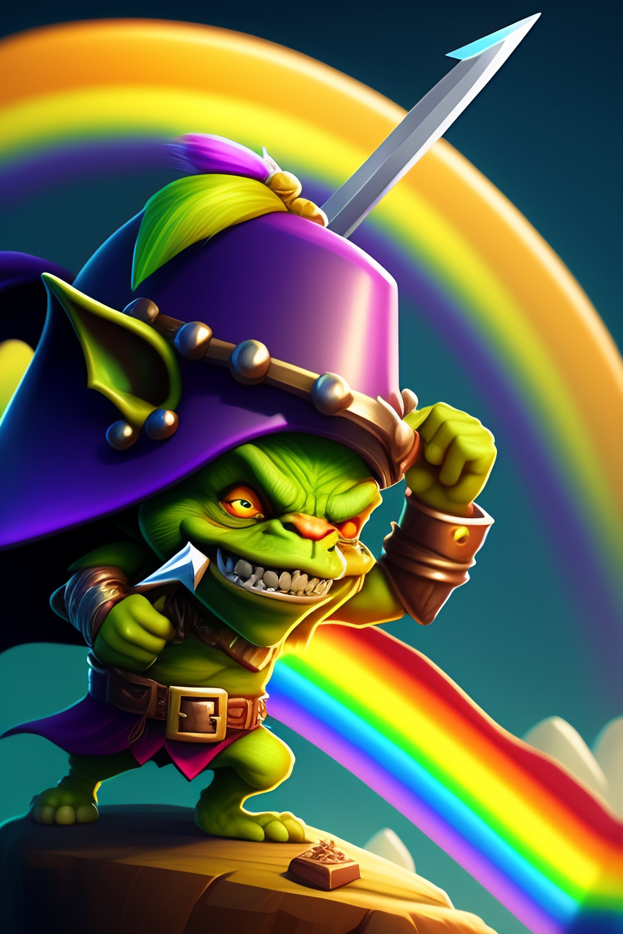 Lexica - A goblin from clash of clans robbing a rainbow treasure, sharp ...