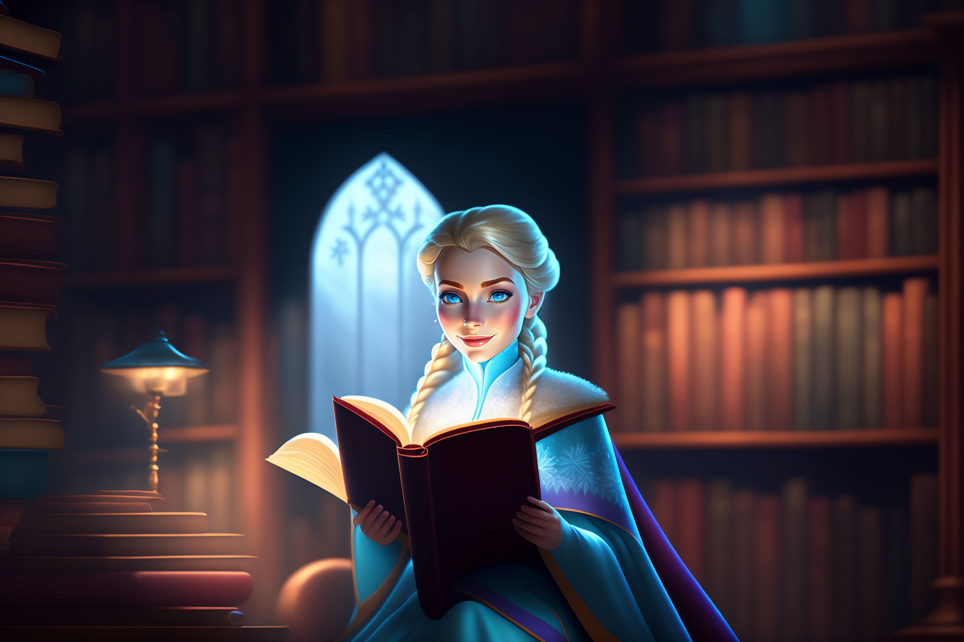 Lexica - FROZEN ELSA reads a novel by hand, realistic, archive books in backround, atmospheric ...