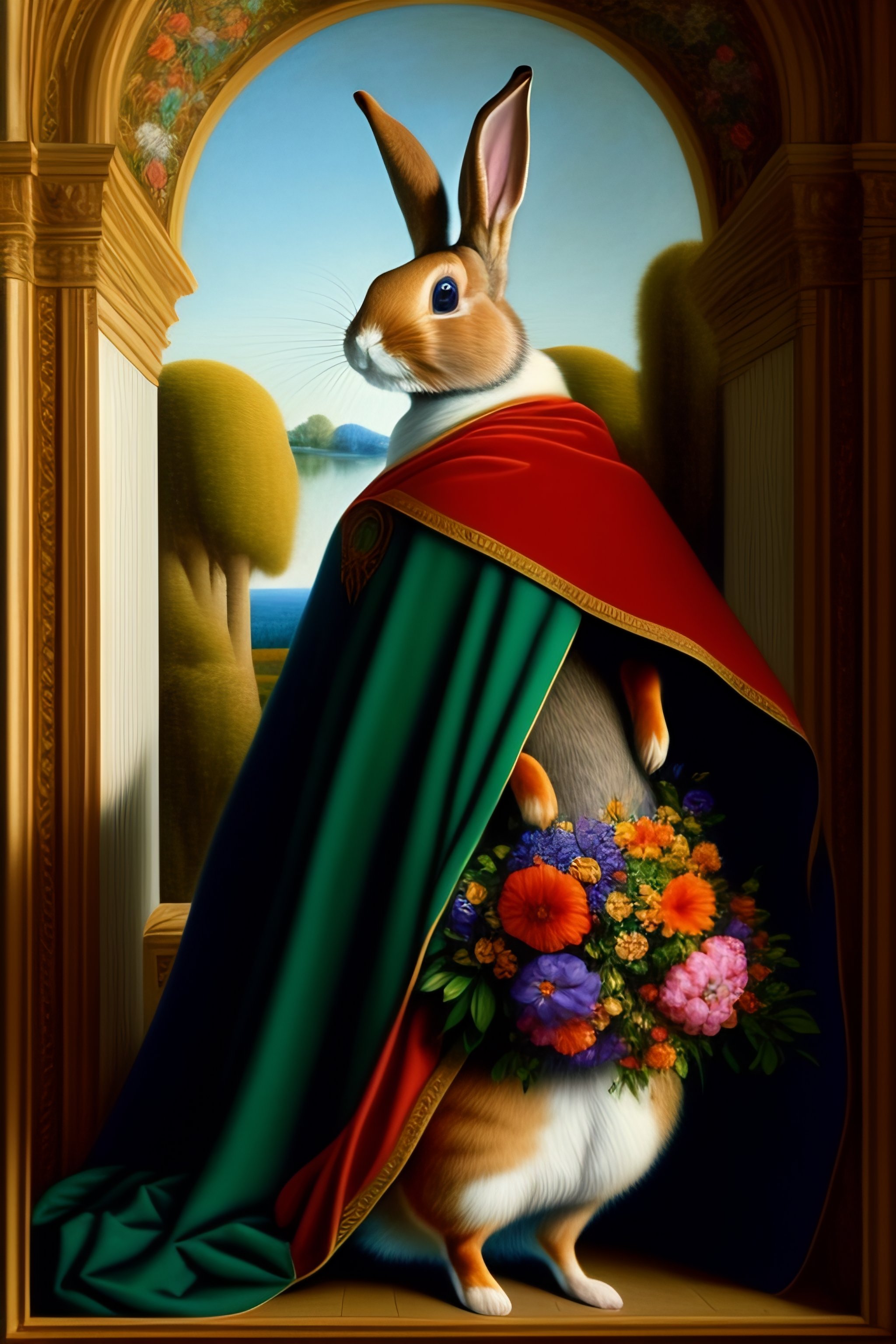 Lexica - A rabbit wearing a cloak of flowers, in a swimming pool, by ...