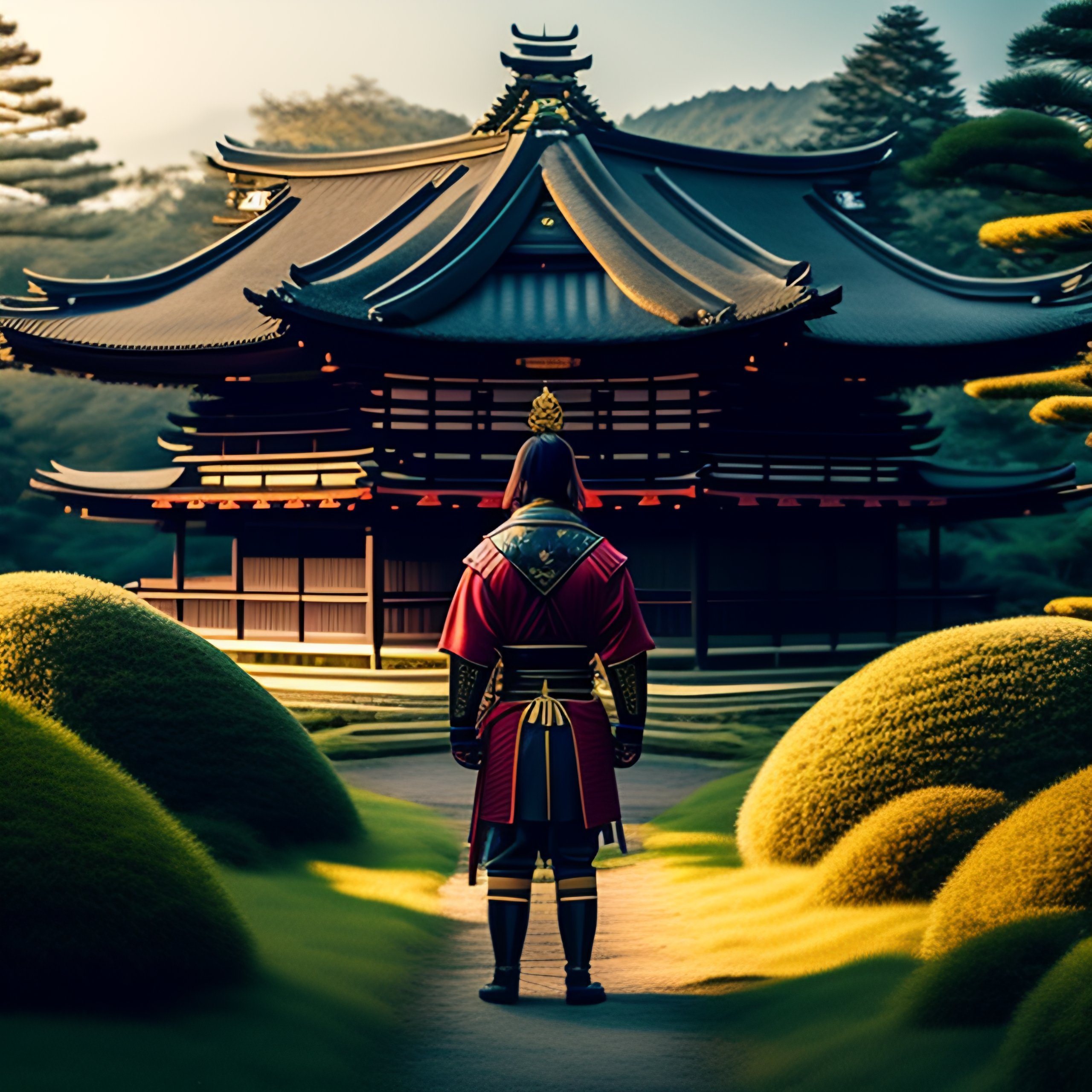 Lexica - A Samurai standing, background filled with Japanese houses In ...