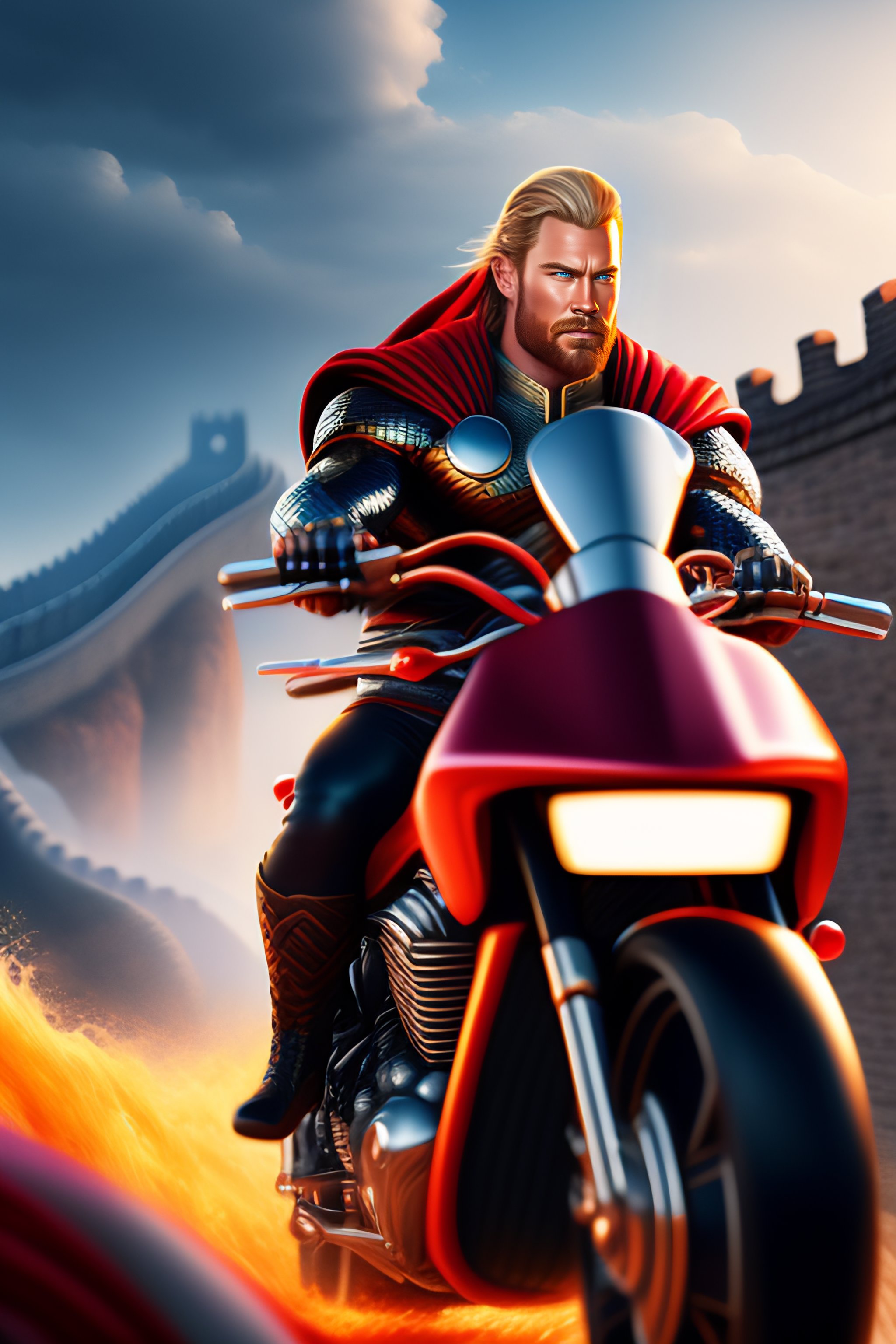Lexica - An action scene of thor riding a motorcycle, on the great wall ...