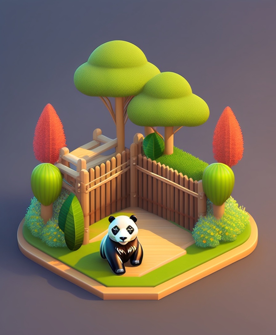 Lexica - Isometric zoo den, panda with bamboos, fence