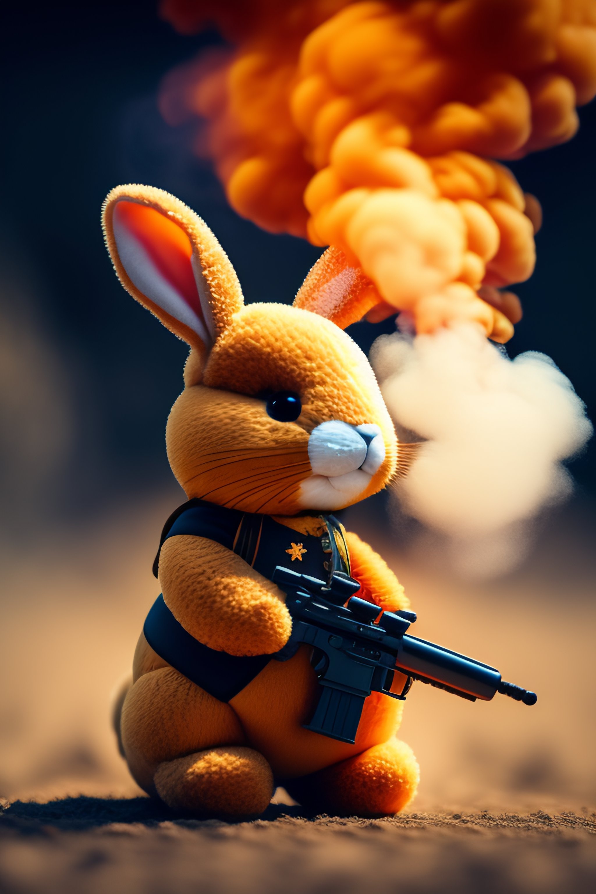 Lexica - Plush rabbit with a machine gun smokes a cigar nuclear explosion