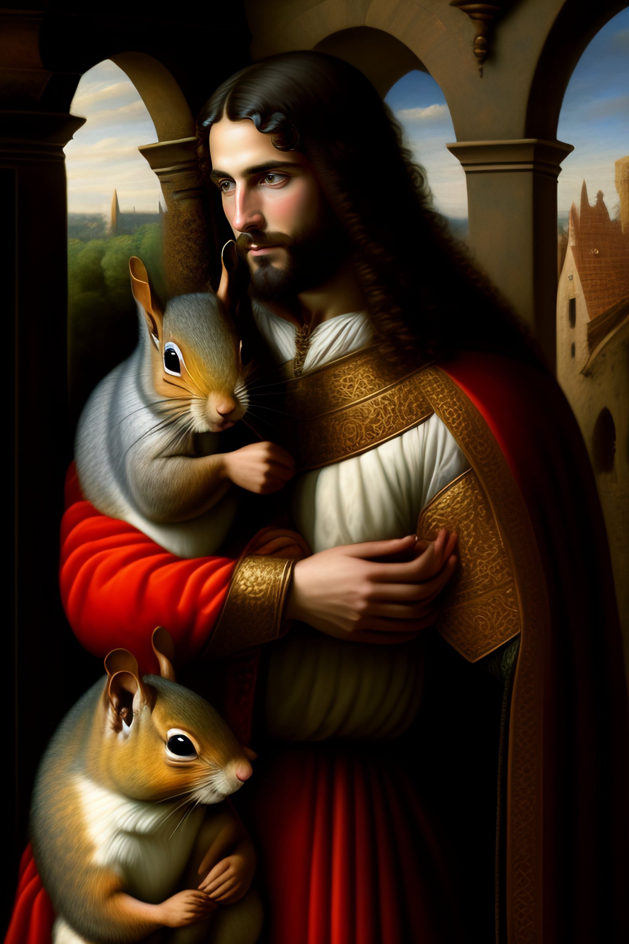 Lexica - Jacob Collins-Levy in medieval style whith squirrel in his arms