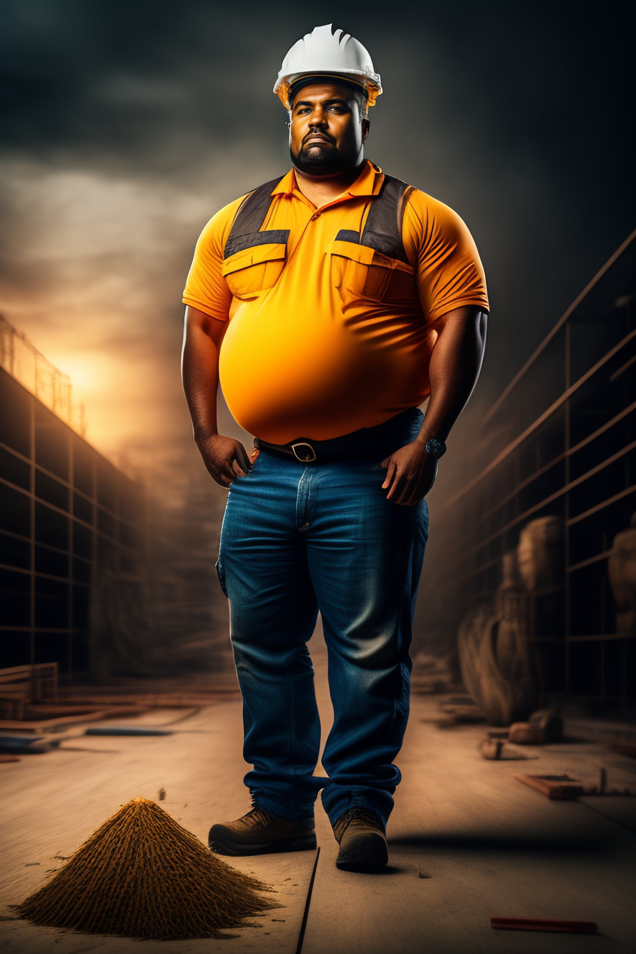 Lexica - A construction worker with a very large belly, amateur photo