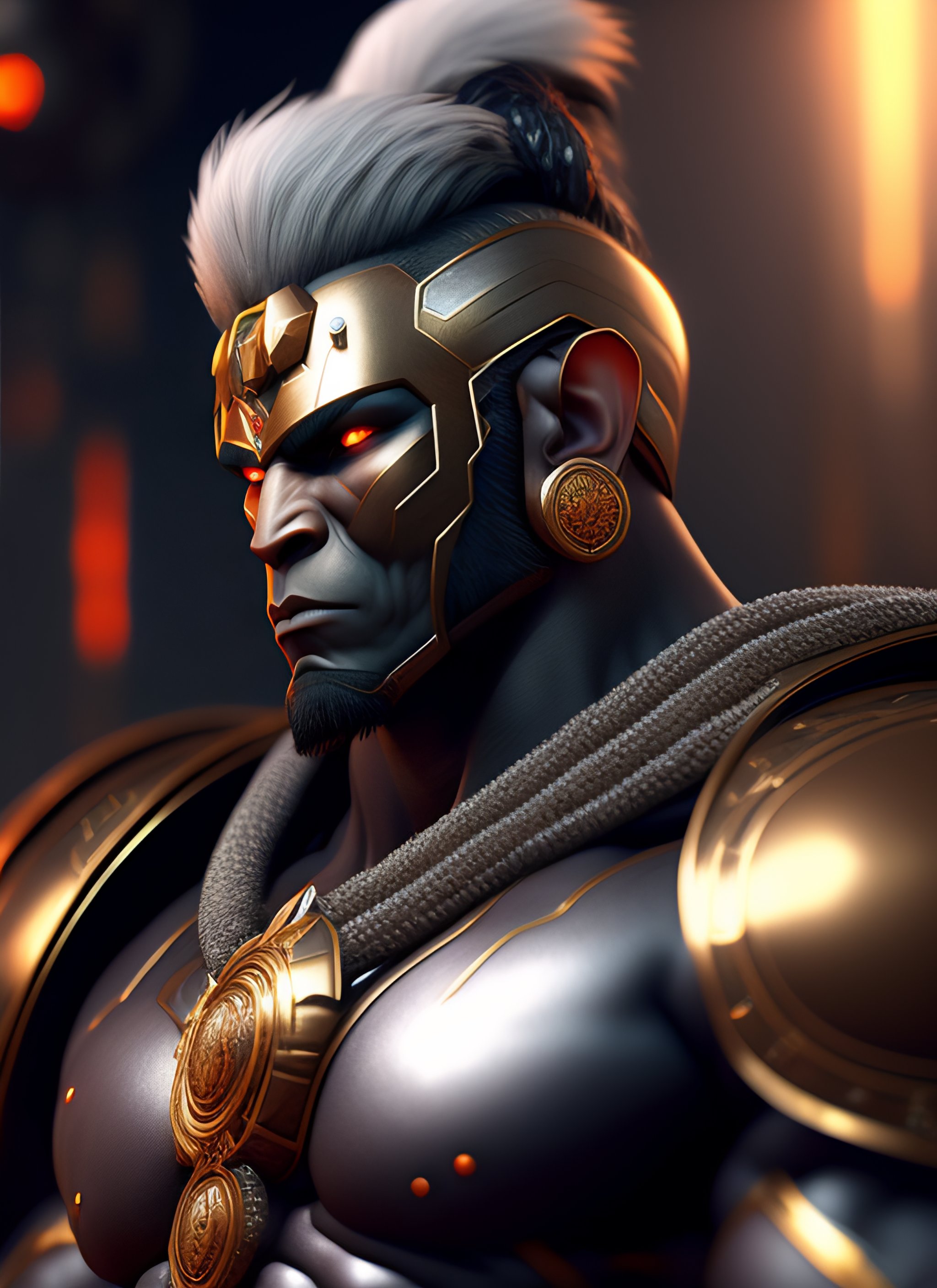 Lexica - Portrait of a cybernetic Hanuman with gada, gray hair fur, abs ...