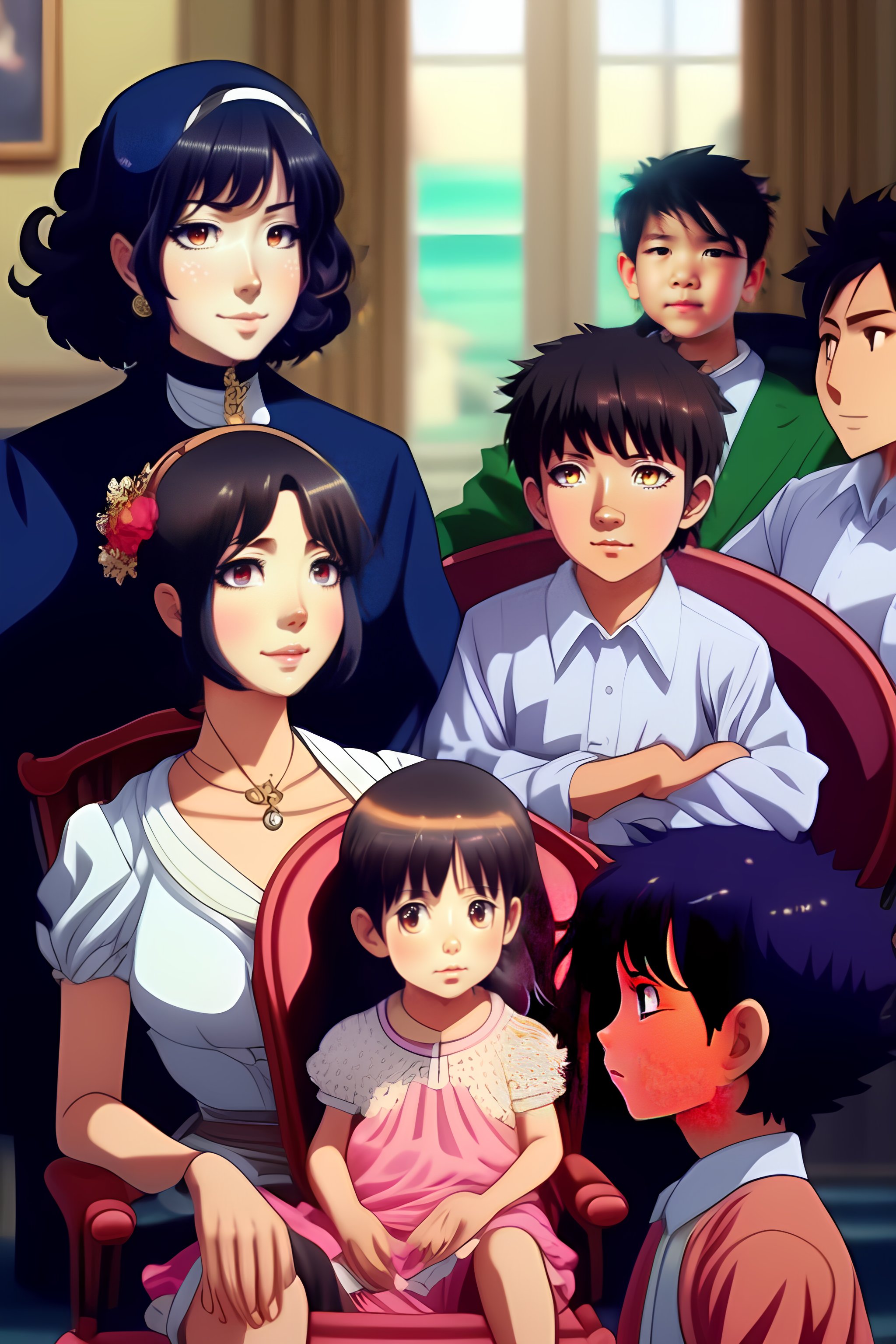 Lexica - Anime of a mother sitting in chair with similing face , 3 kids ...