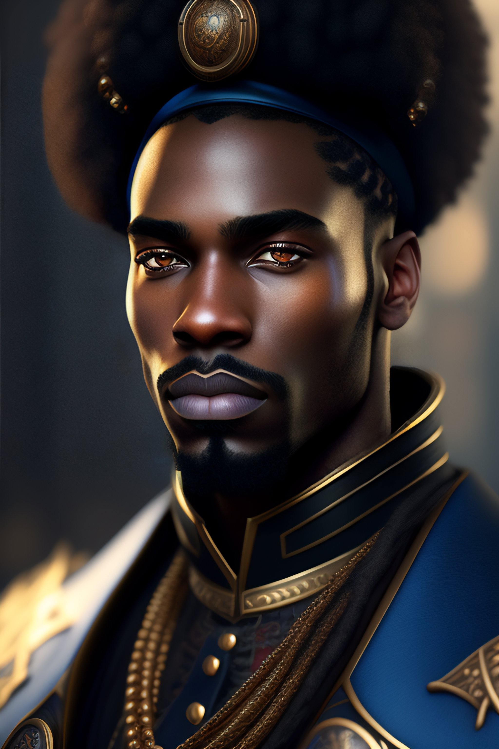 Lexica - Portrait painting, style Steampunk, black man, knight, afro hair, eyes blue, ultra ...