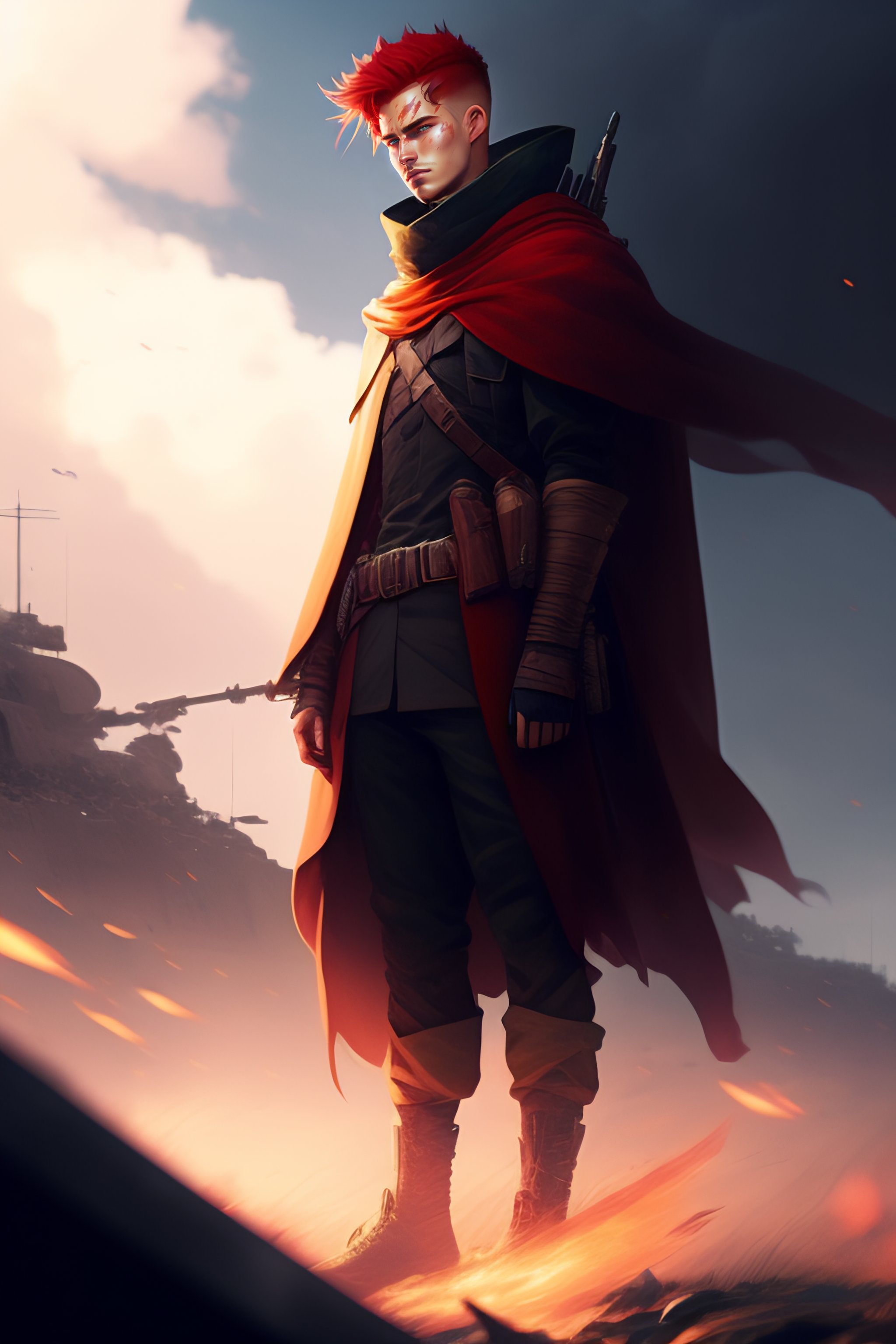 Lexica - Young man, crimson hair, injured soldier, Battlefield , long ...