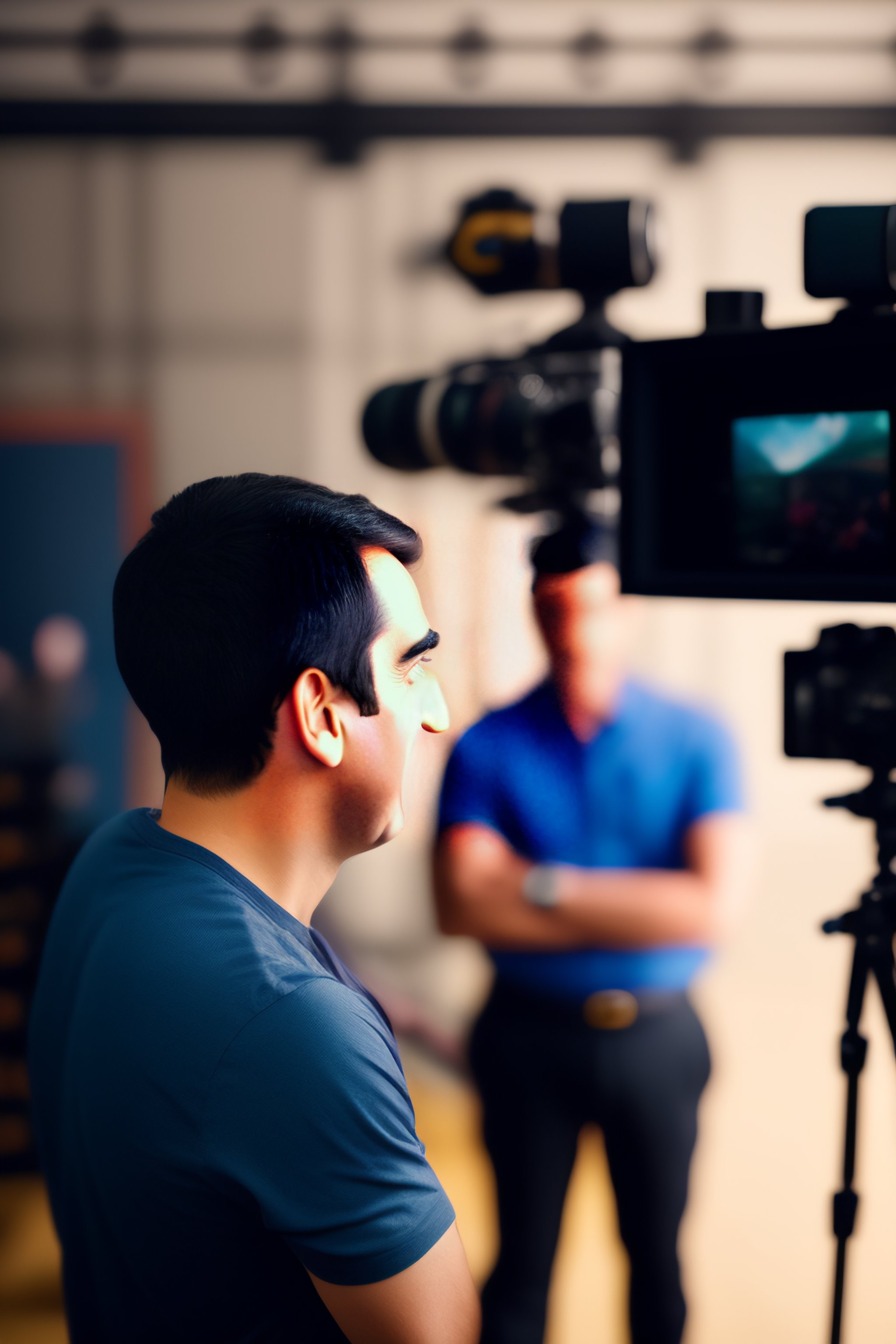 Lexica - Create an image of a cameraman standing behind a video camera ...