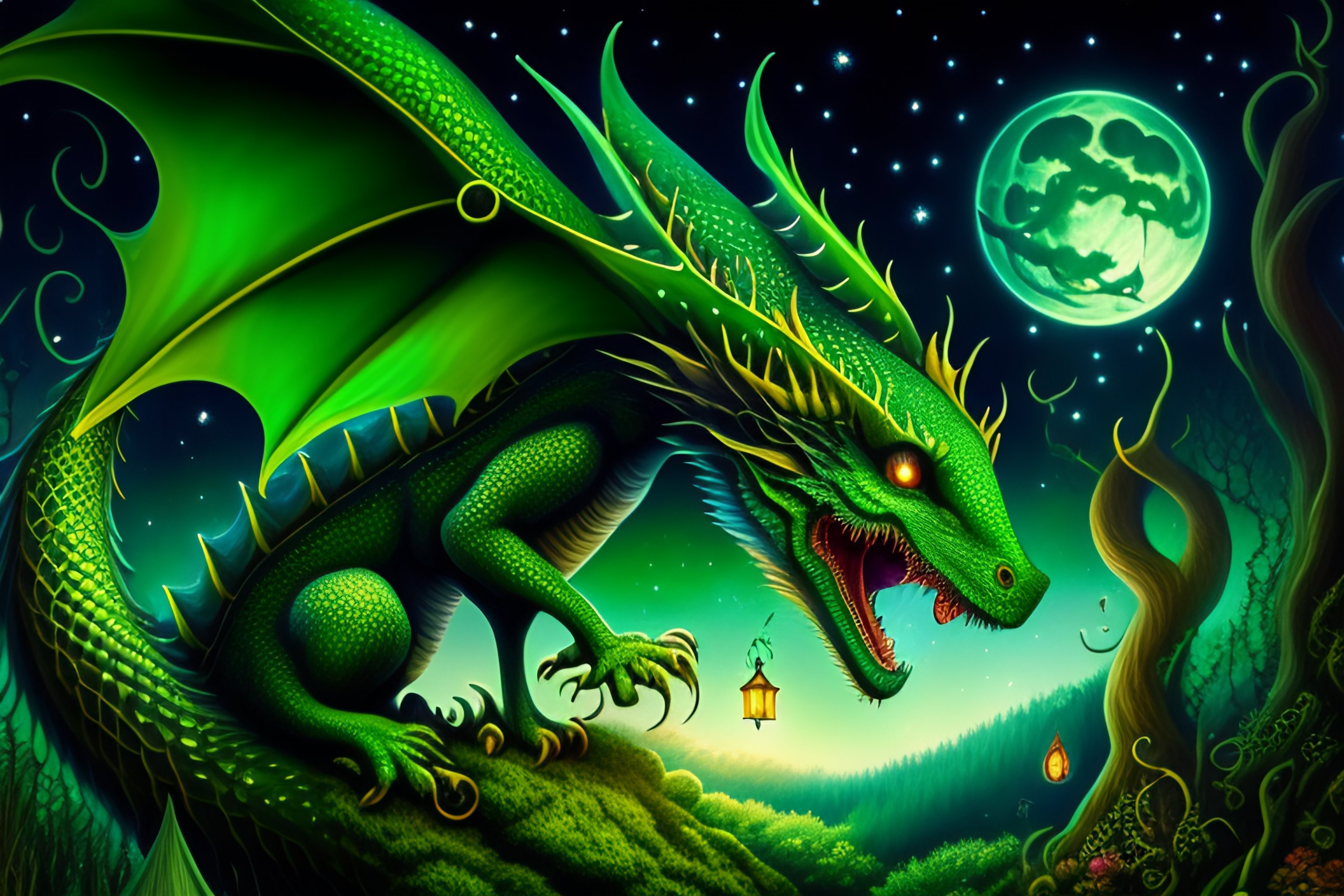 Lexica - Whimsical super-detailed surreal gothic witchy green dragon on ...