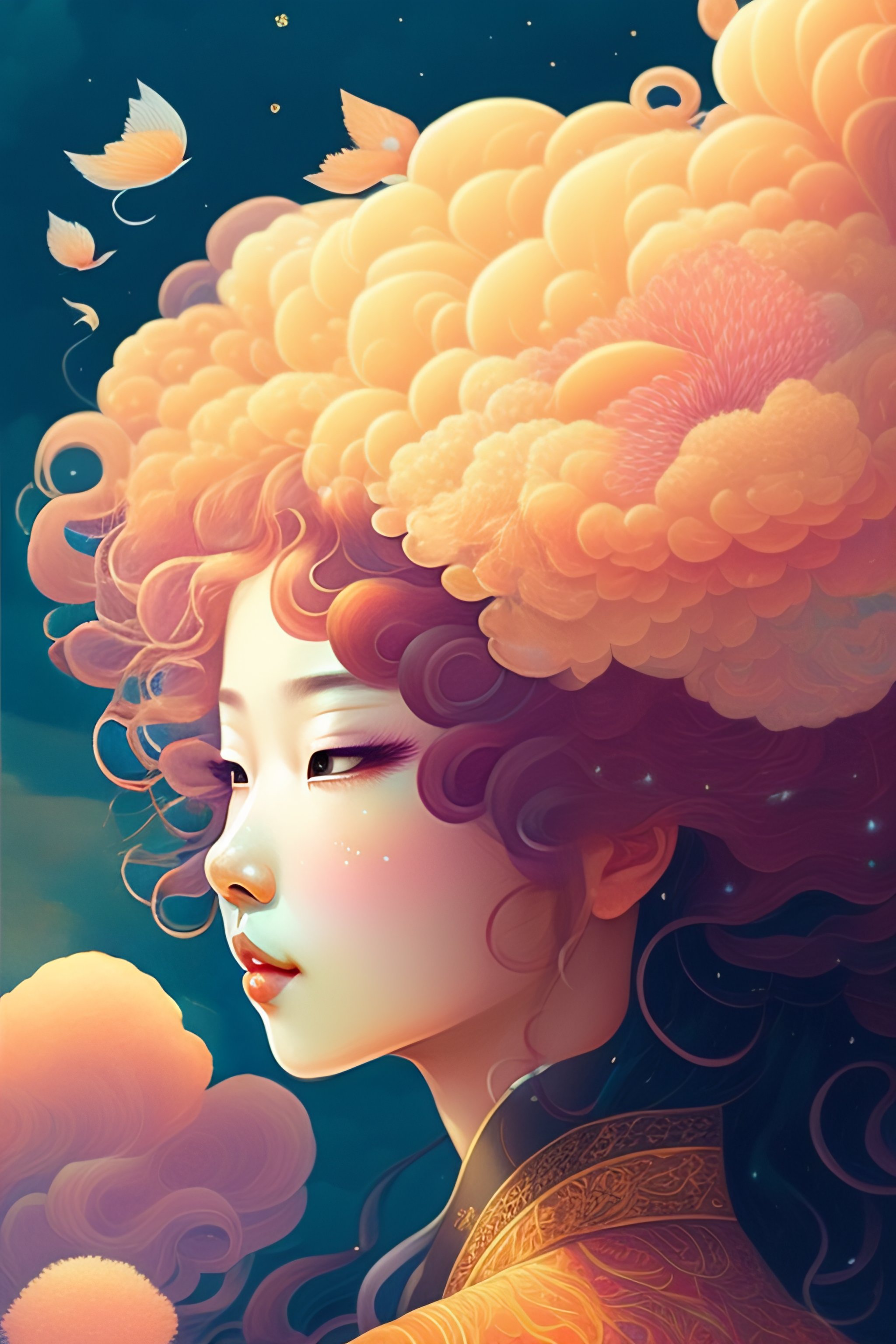 Lexica - Beautiful cute front portrait Korean ninfa, big long curly ...