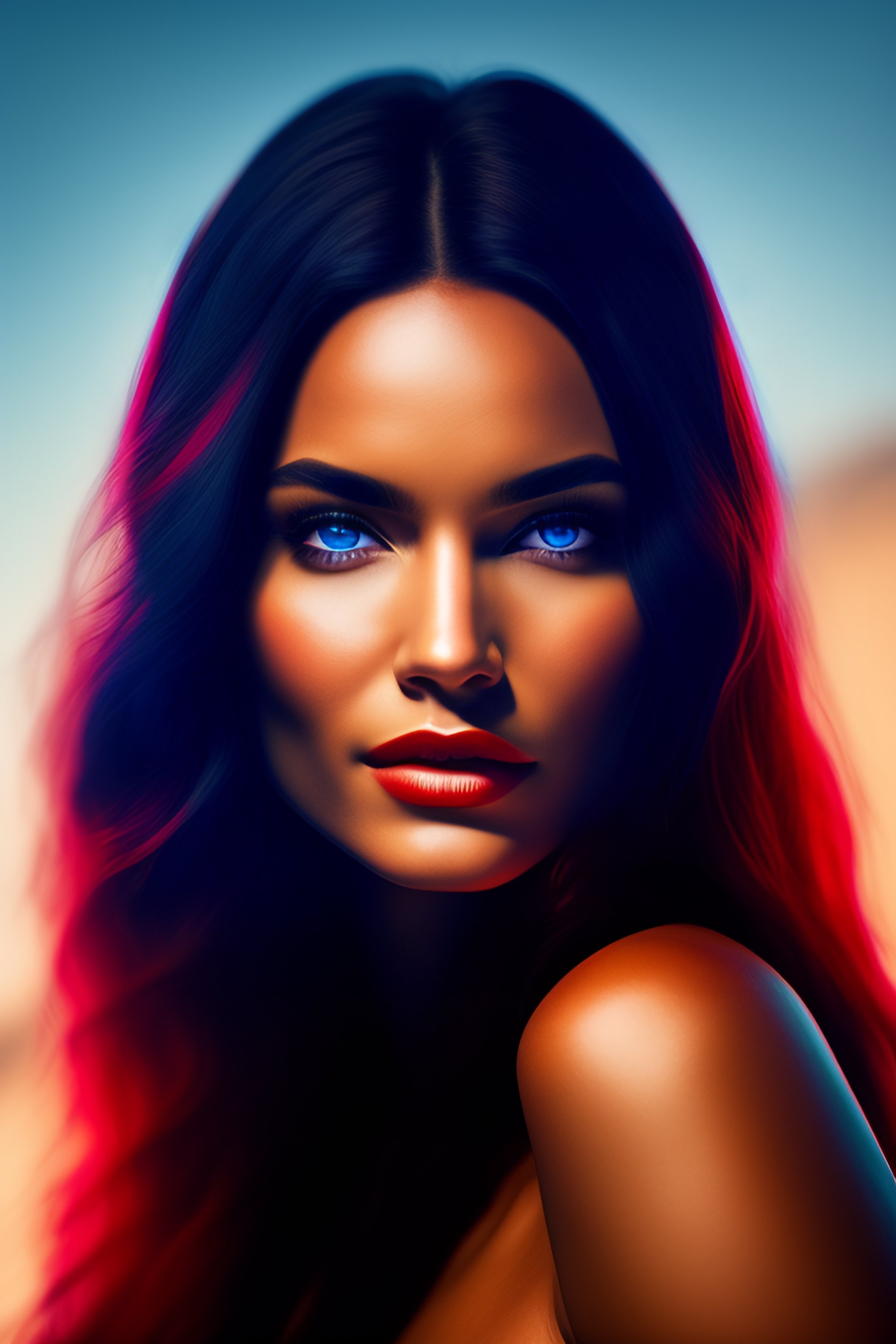 Lexica - Femme peau bleue aux grands yeux rouges carmin