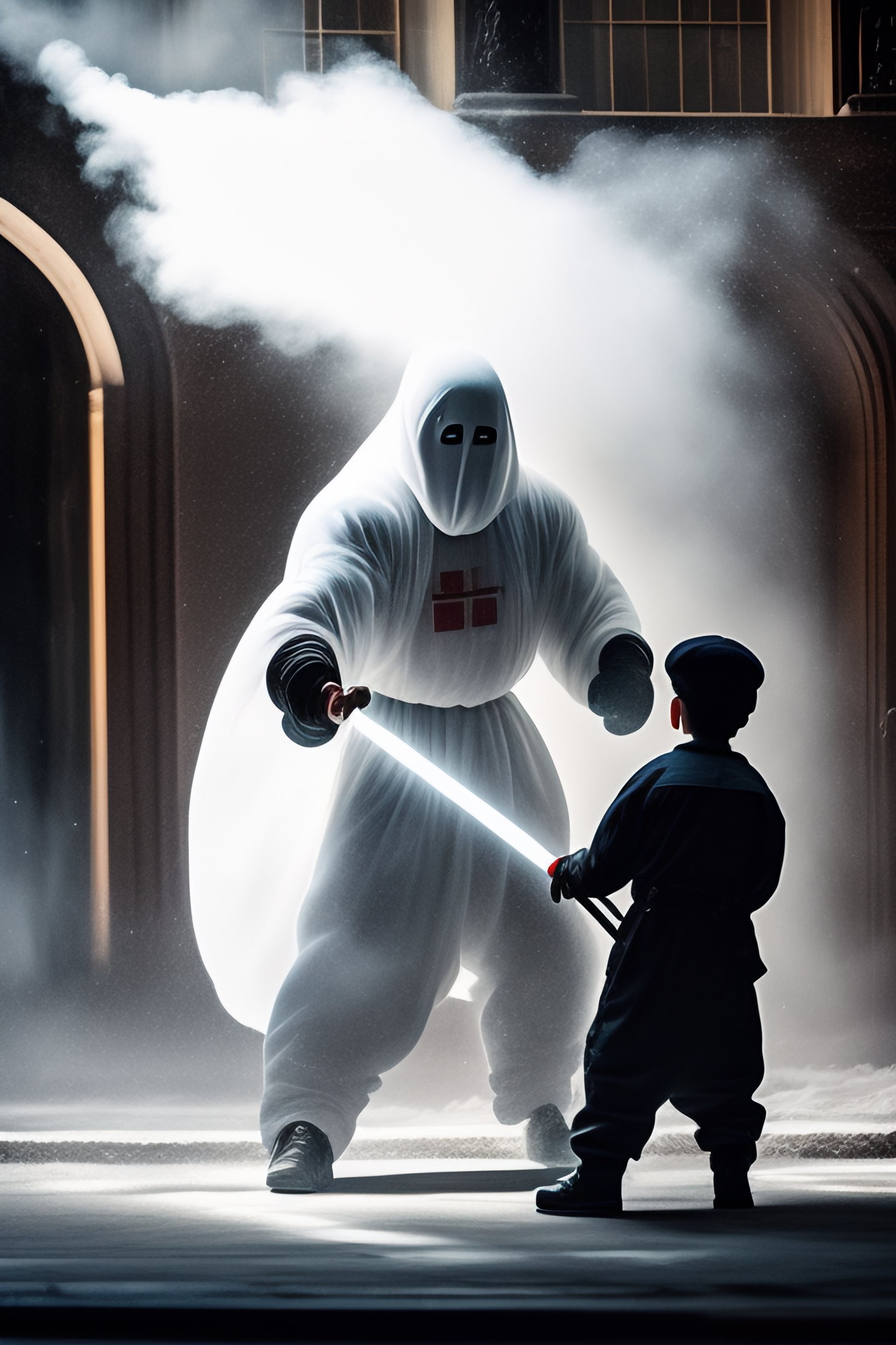 Lexica - Diagram of a ghost fighting a man wearing a ghostbusters outfit