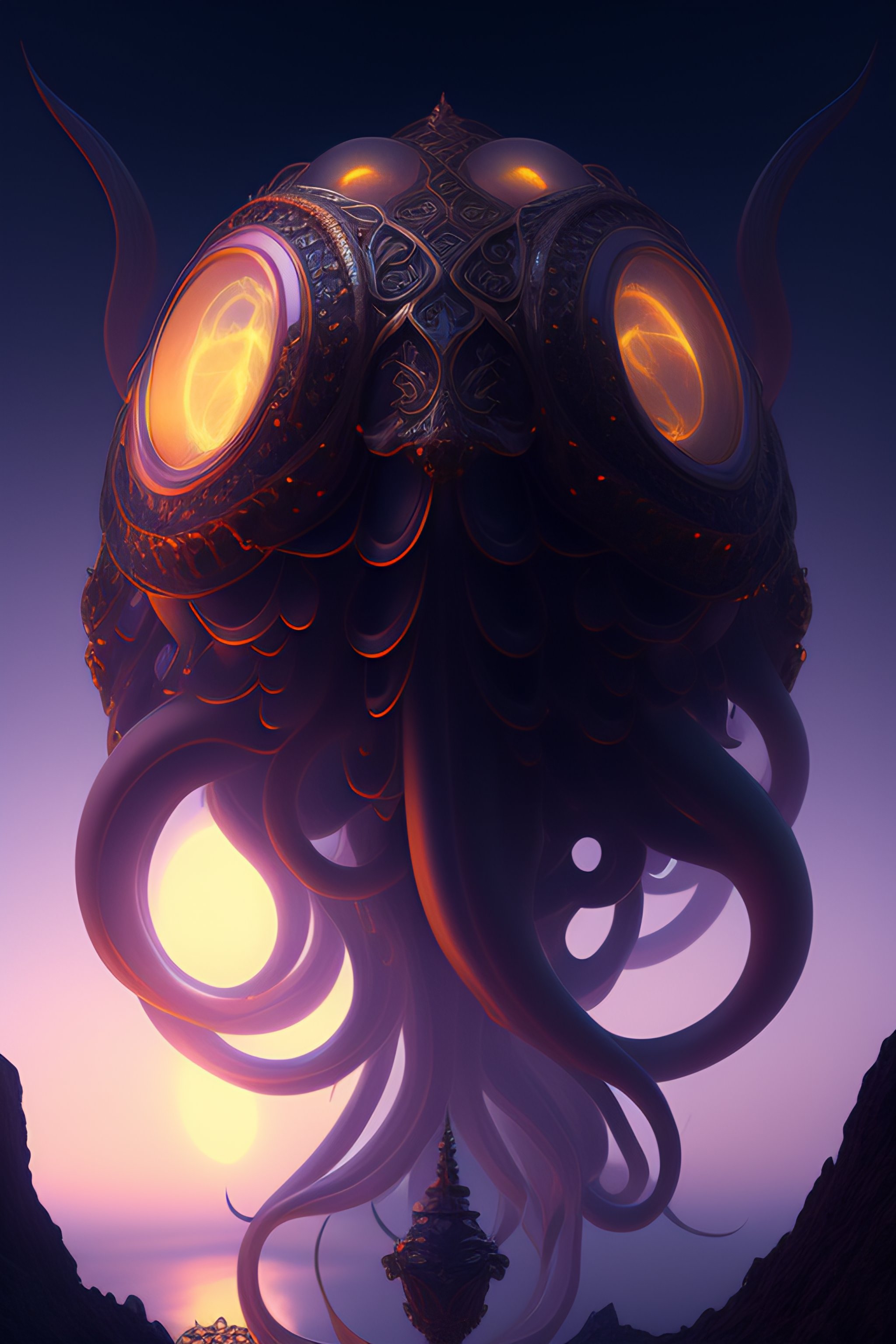 Lexica - Ancient 3D octopus monster with 3 white-light orbs for eyes ...