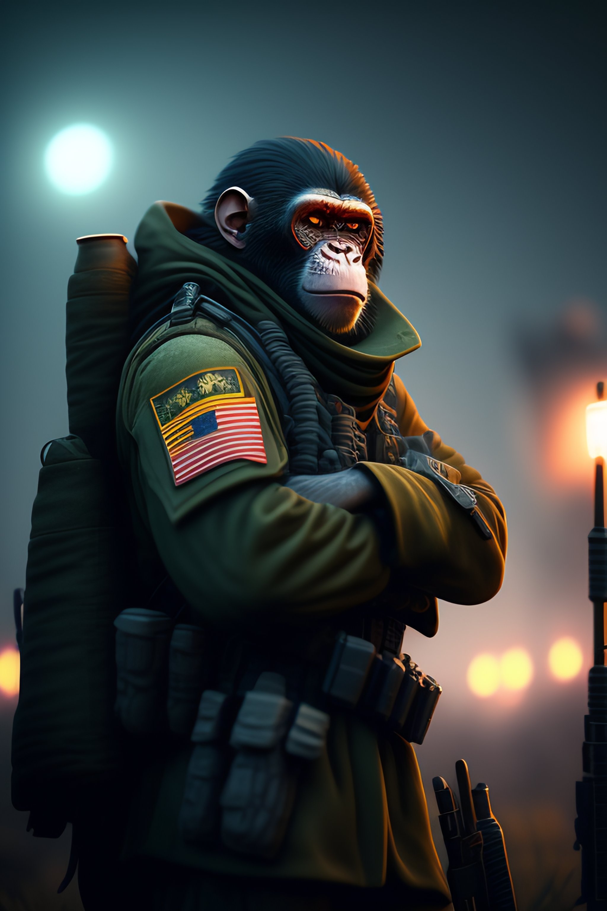 Lexica - An exhausted monkey at the frontlines in the army at night ...