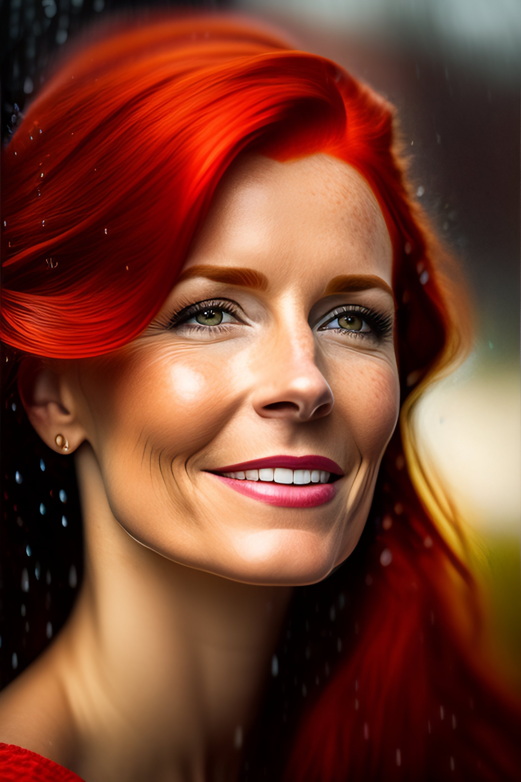 Lexica - The portrait of a red-haired woman in the rain, look up ...