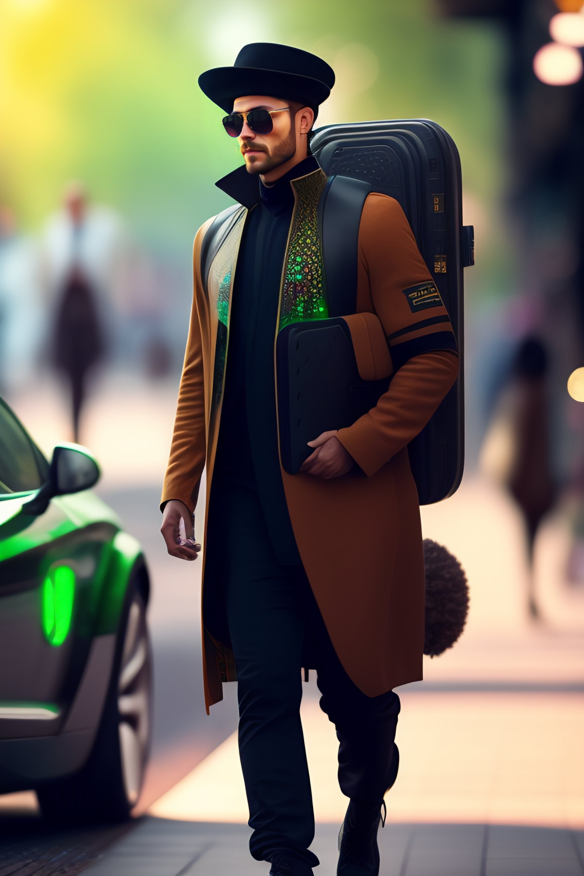 Lexica - Man dress in solarpunk attire commuting on a hoverboard with ...