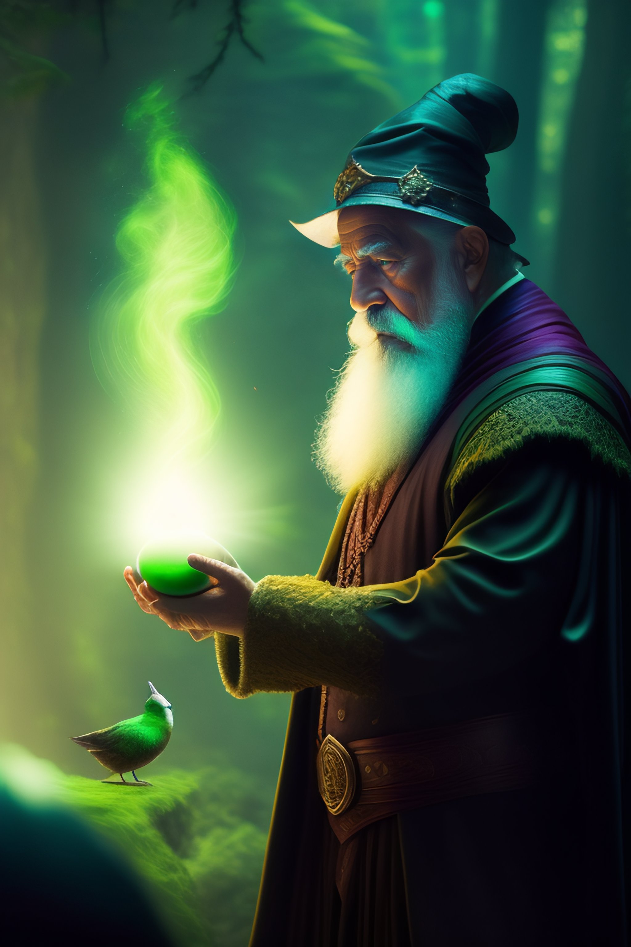 Lexica - Dark old wizard throwing green spells to a squeleton, fantasy ...
