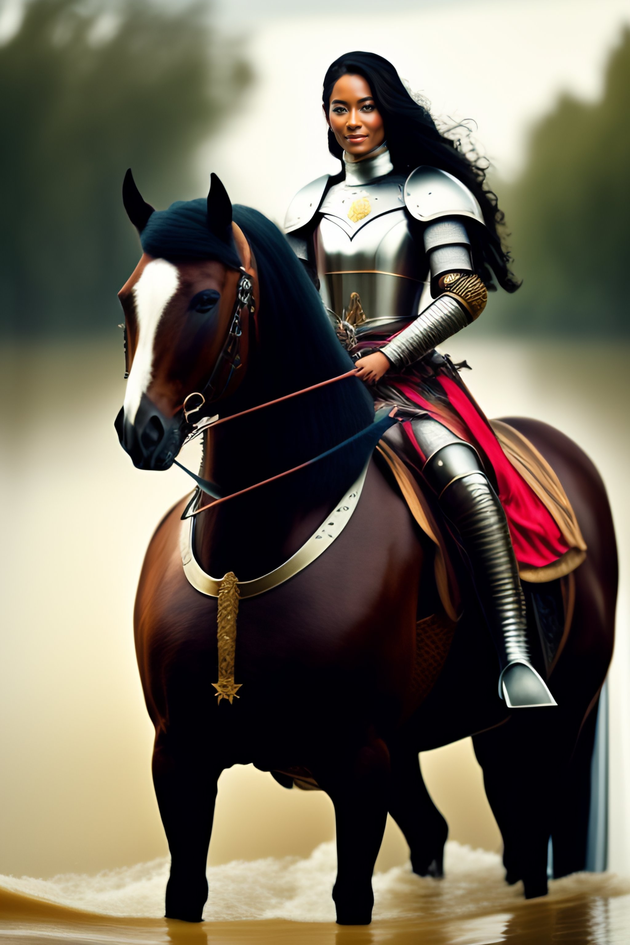 Lexica - Create a woman in medieval armor, riding a robotic horse where ...