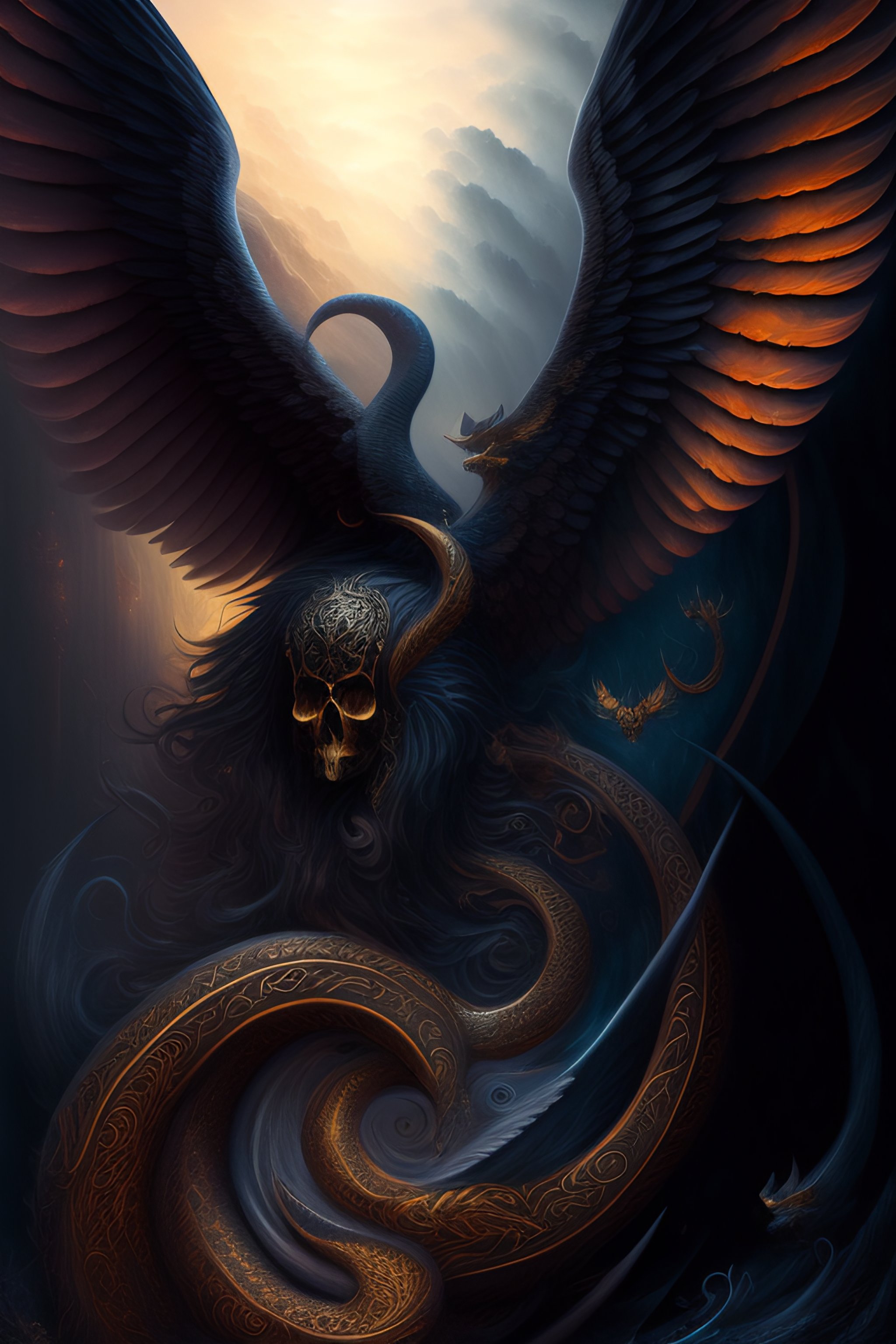 Lexica - Ornate dark fantasy cover of a fallen angel, snake, skulls ...