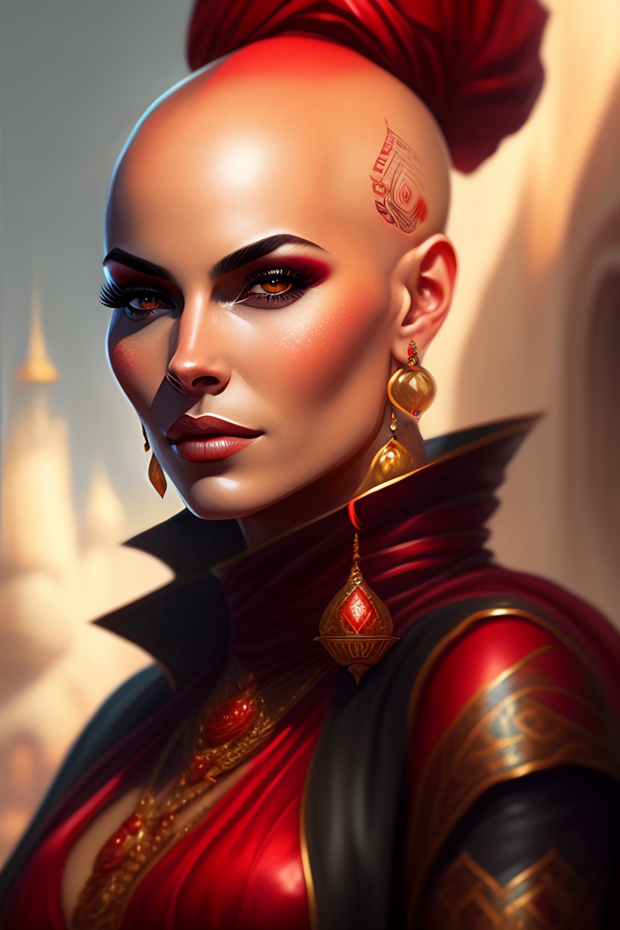 Lexica - Woman with bald tattooed head, red clothing, wizard, mage ...