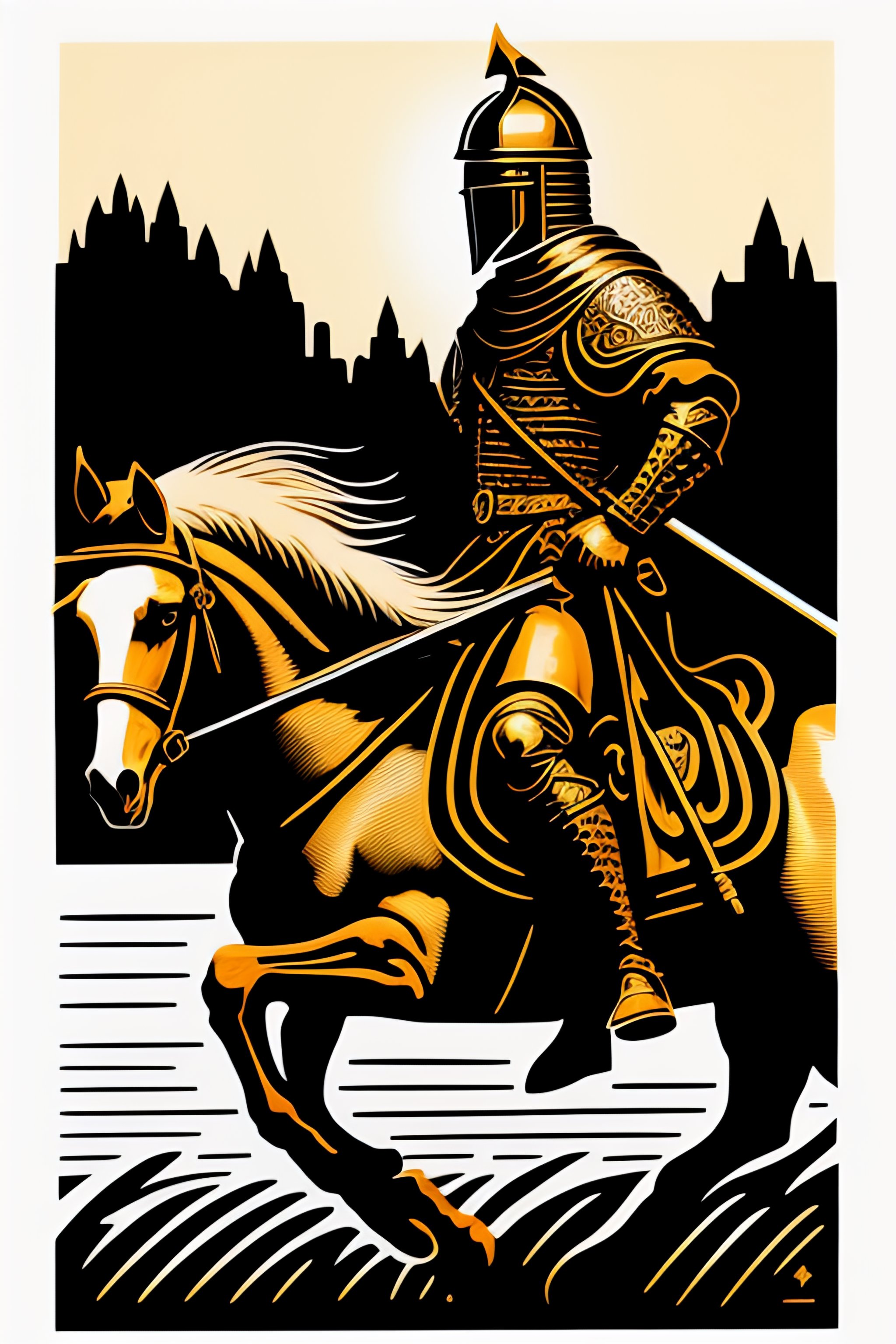 Lexica - Linocut, medieval knight, sacred paladin, riding a horse