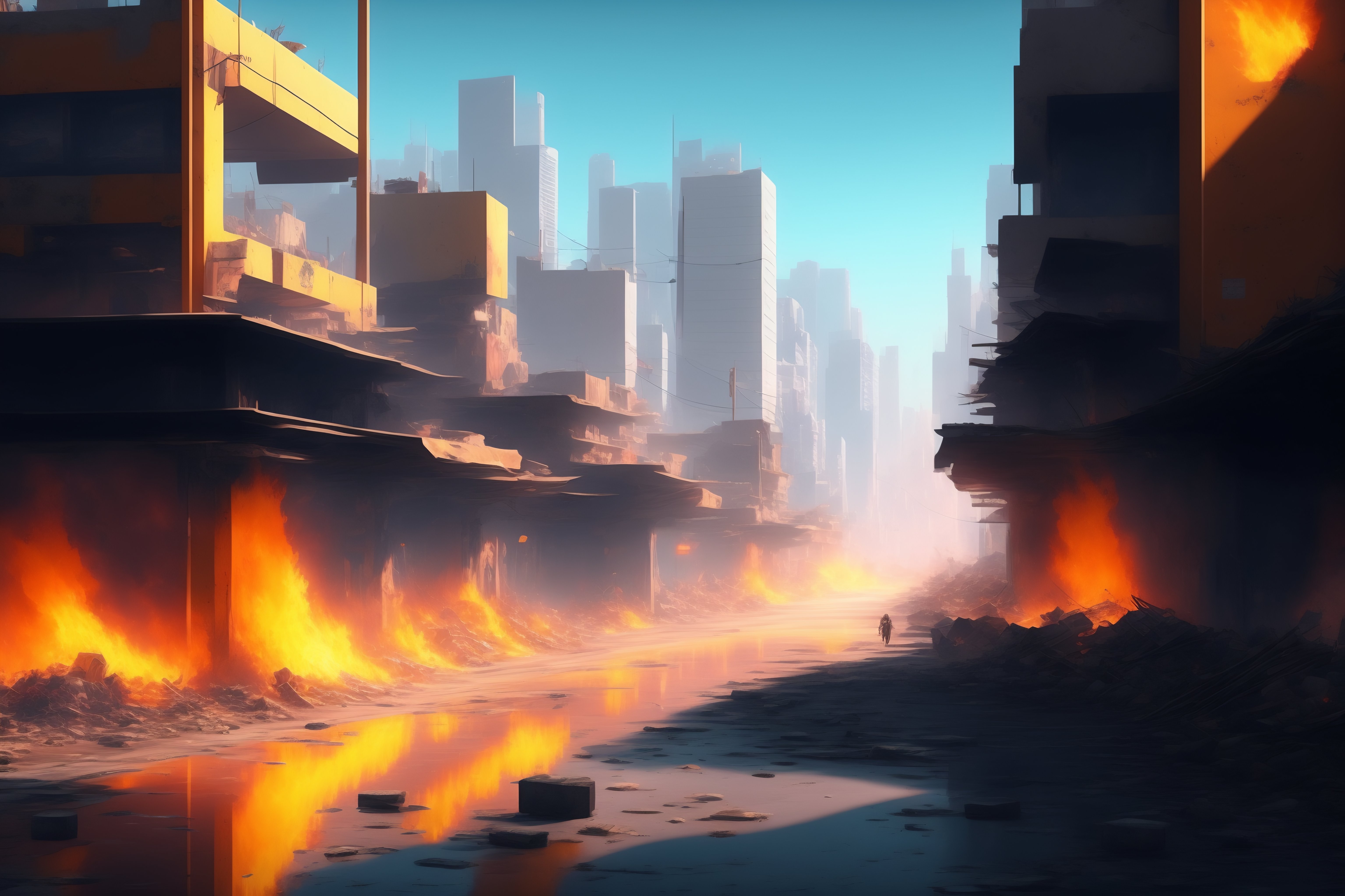 Lexica - A city that's on fire with broken buildings and rubble on the ...