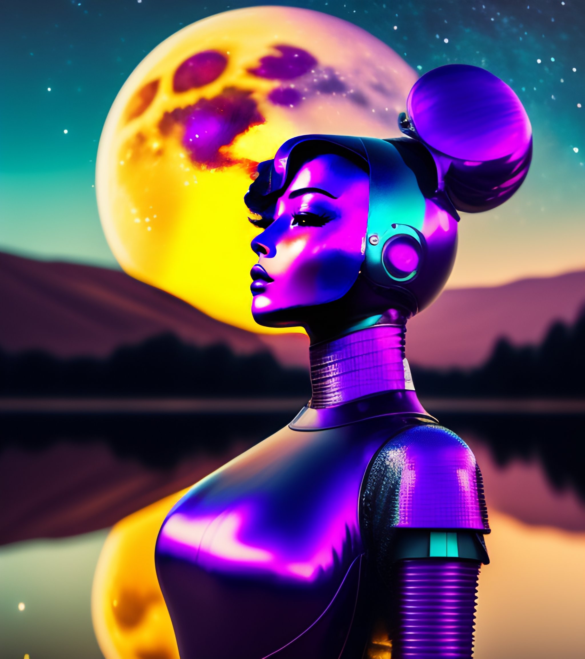 Lexica - Portrair a metallic purple girl robot whith th moon