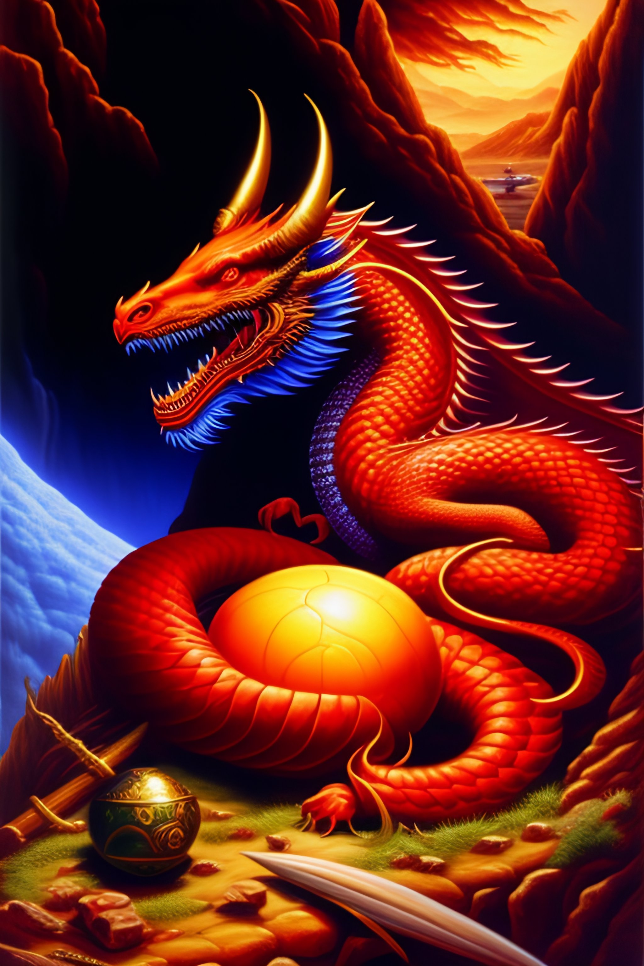 Lexica - Painting, red dragon lying on treasures , highly detailed ...