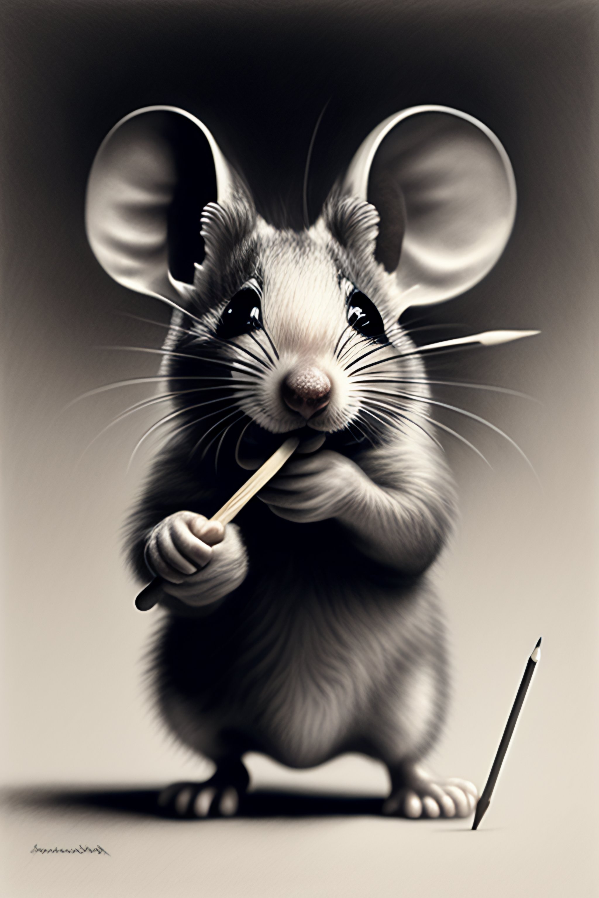 Lexica - Pencil drawing of a scared warrior mouse, with a toothpick as ...