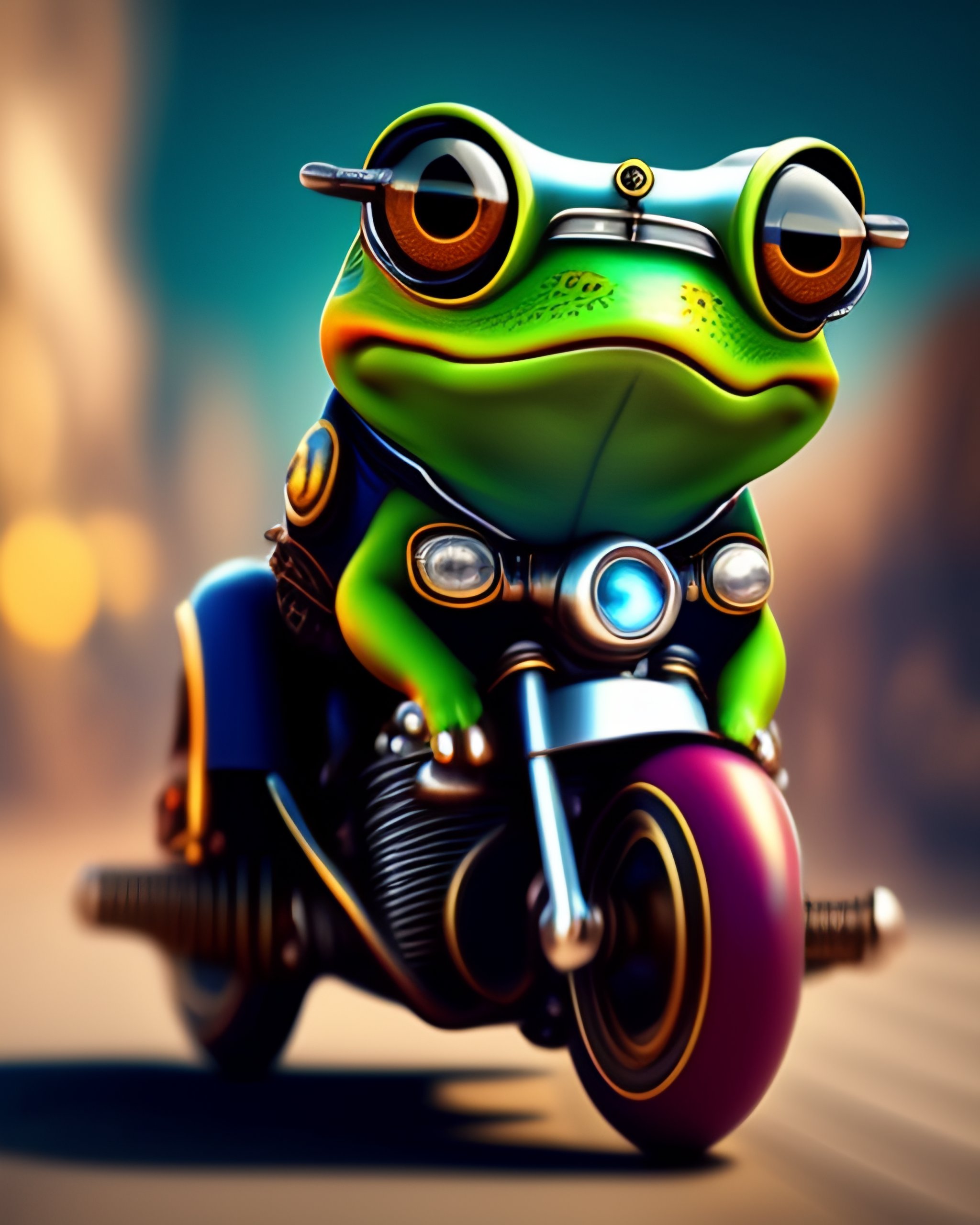 Lexica - Crazy frog with steampunk galsses, on one wheel, motorcycle, dead
