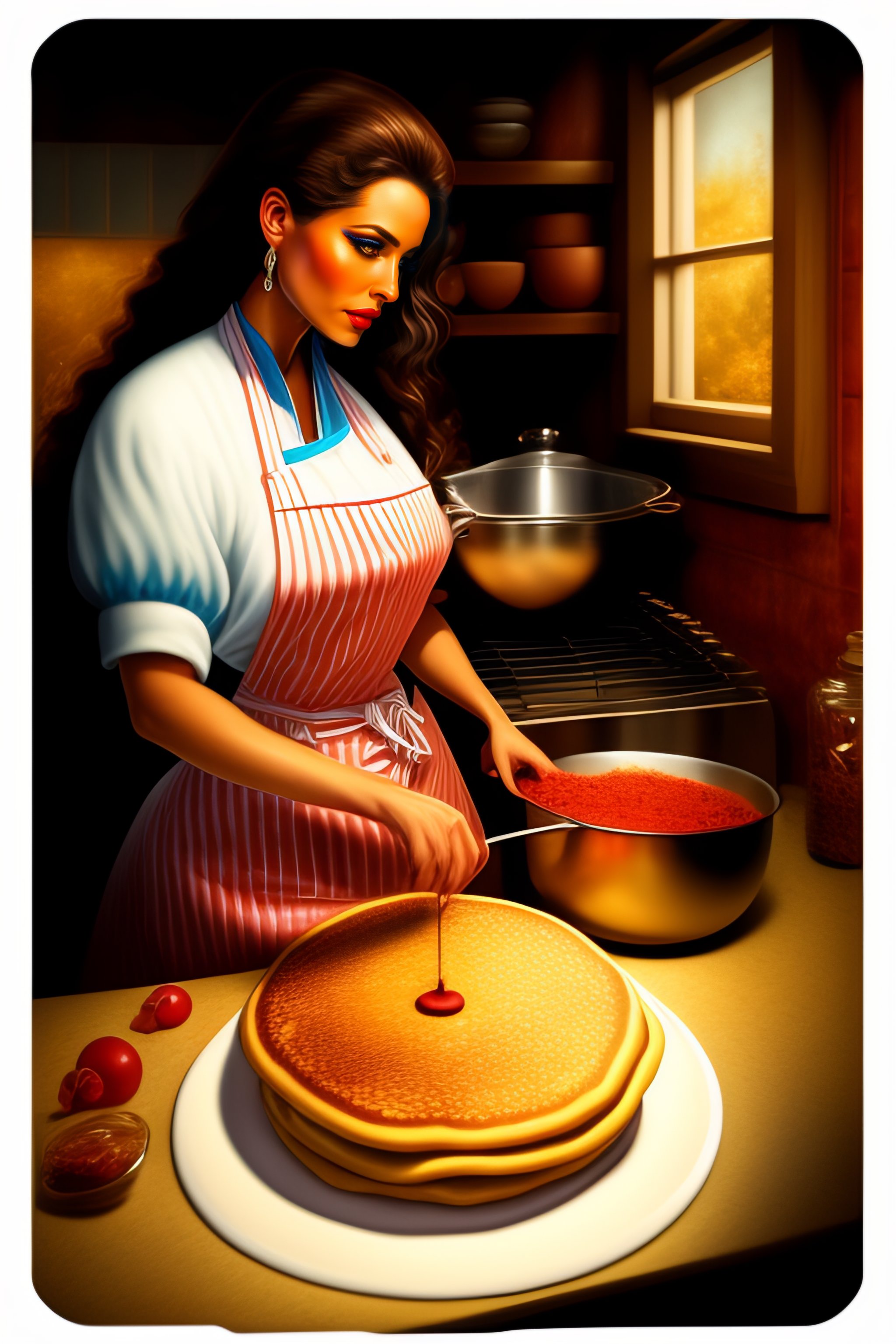 Lexica - Female Lucifer from Helltaker in the Kitchen making pancakes