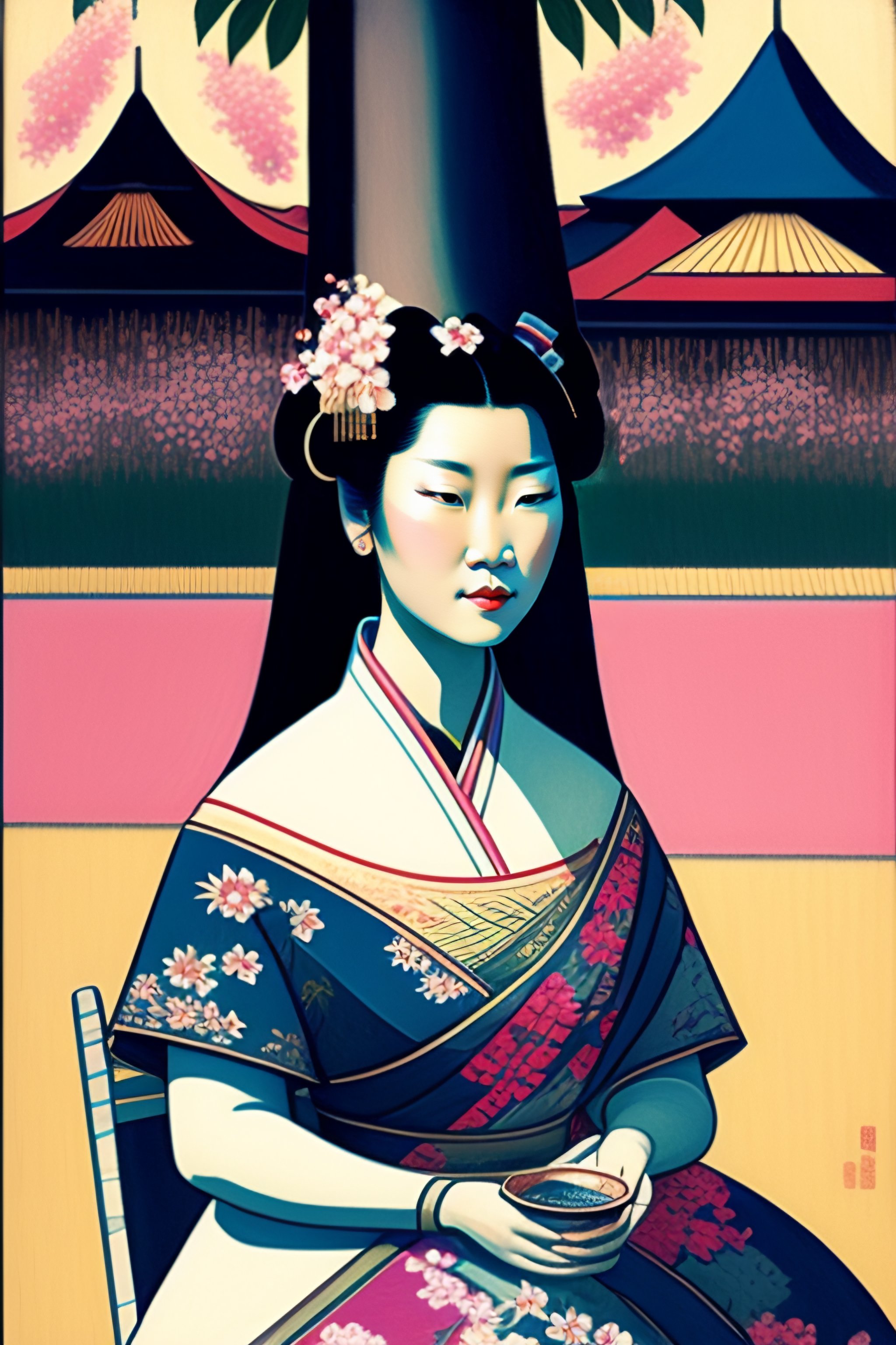 Lexica - LINE DRAWING OF A GEISHA WITH DELICATE HANDS HOLDING A CUP OF ...