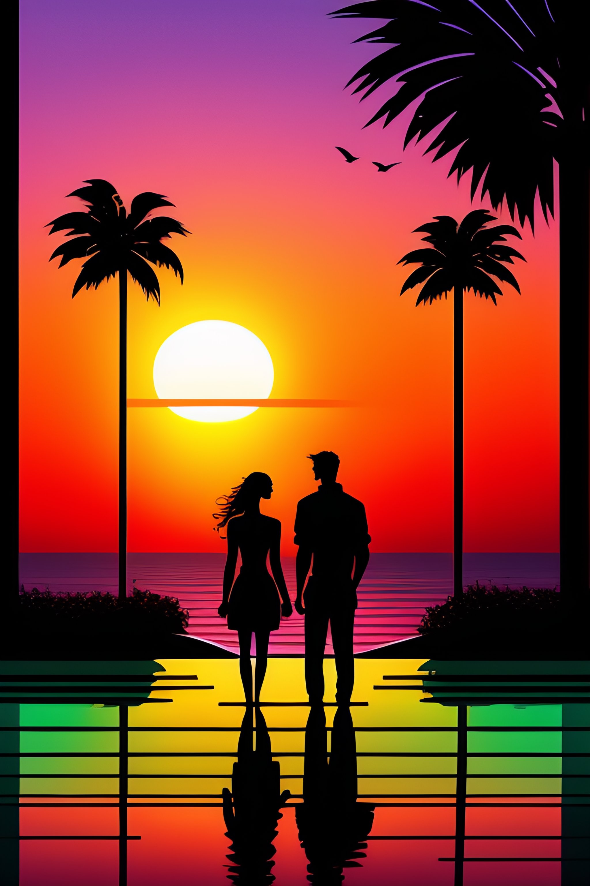 Lexica - Silhouettes of a human couple watching a sunset with palm ...