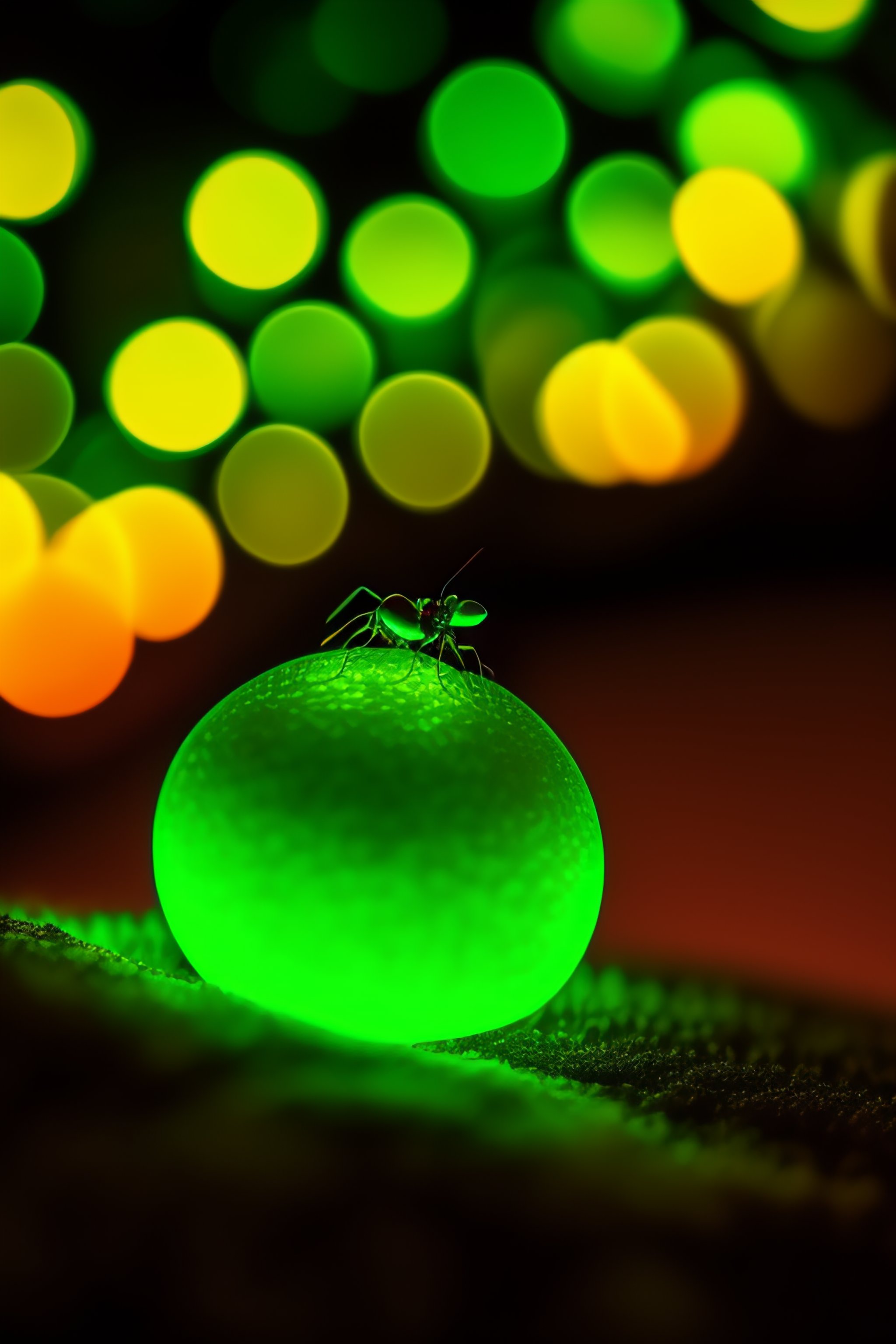 Lexica - Close up of Green glowing ants on a man’s palm at night