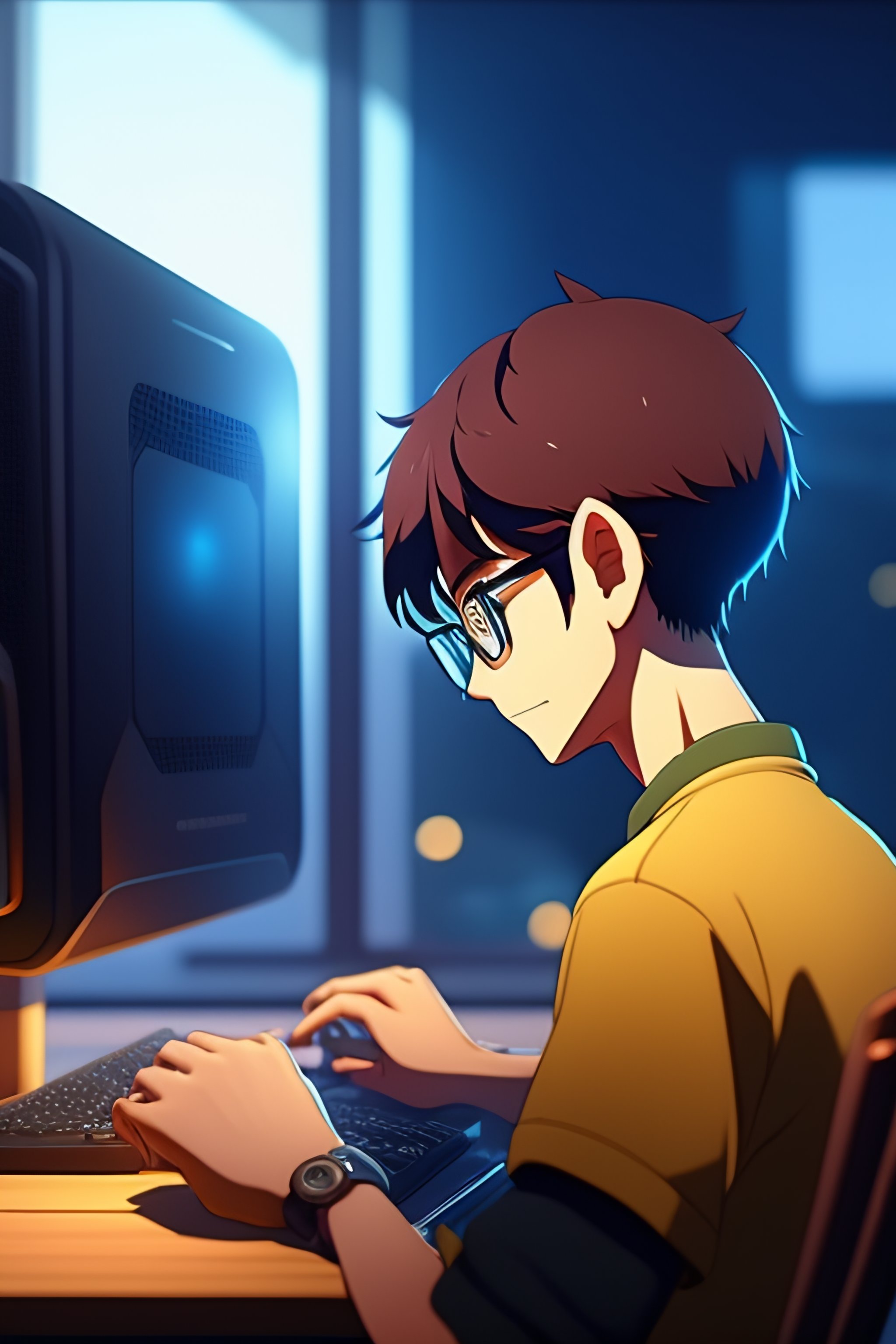 Lexica - A nerdy boy is programming at a computer in a room full of ...