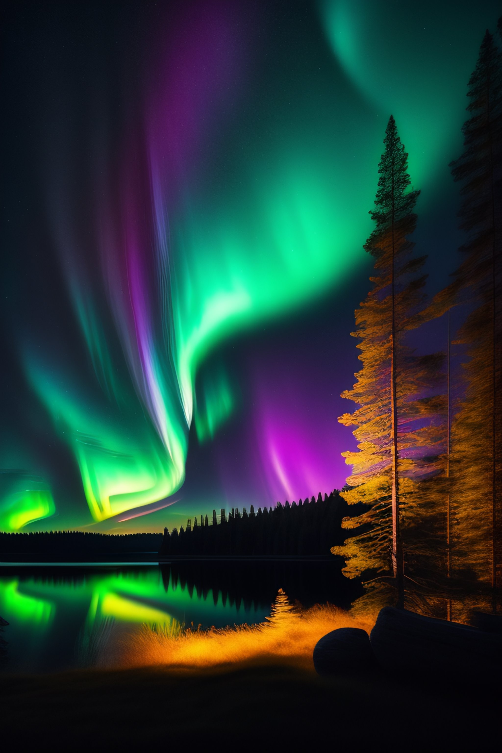 Lexica - Lake, cottage, night, lights coming from windows, northern ...