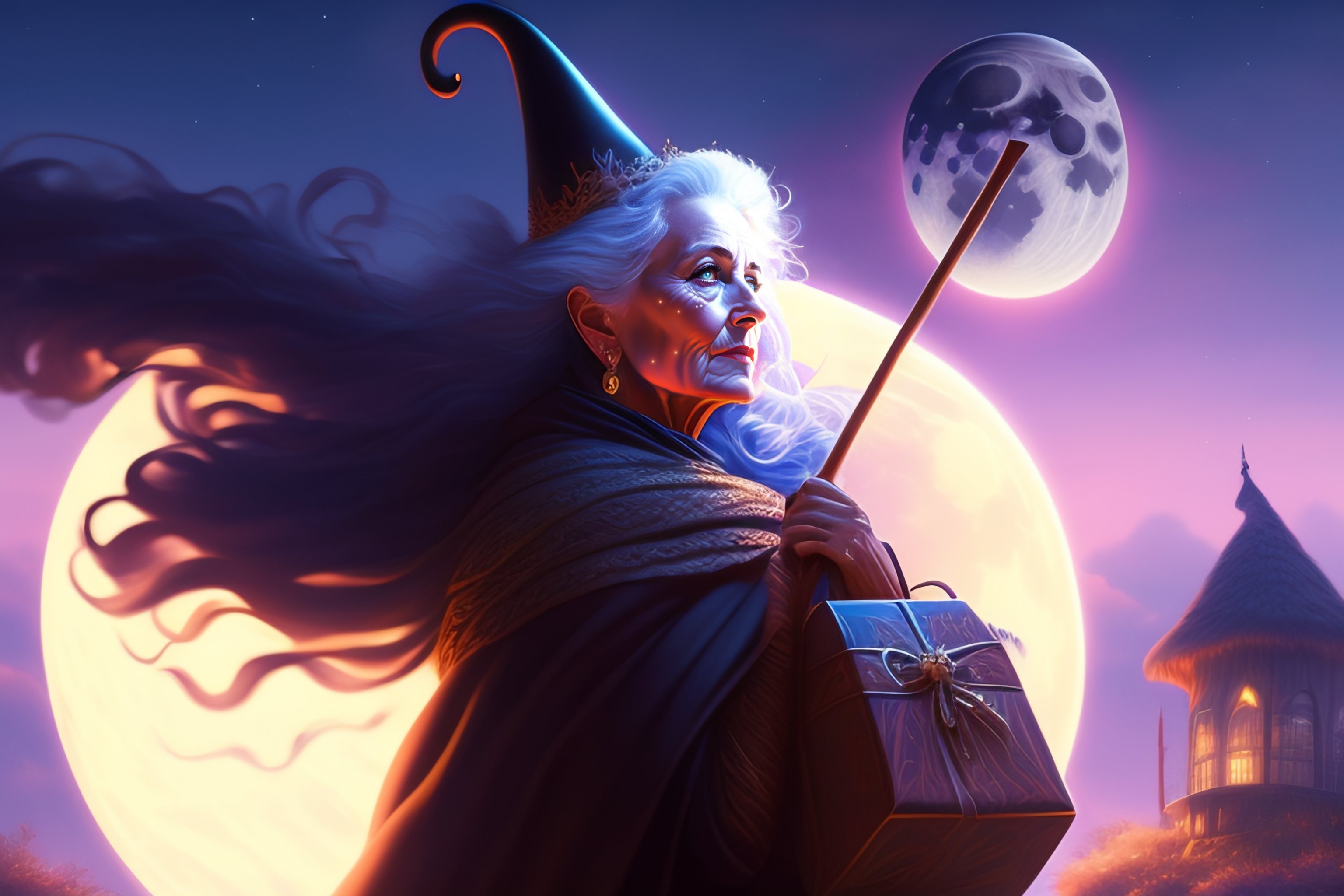 Lexica - Old crone witch riding a magic flying broom and a big bag full ...