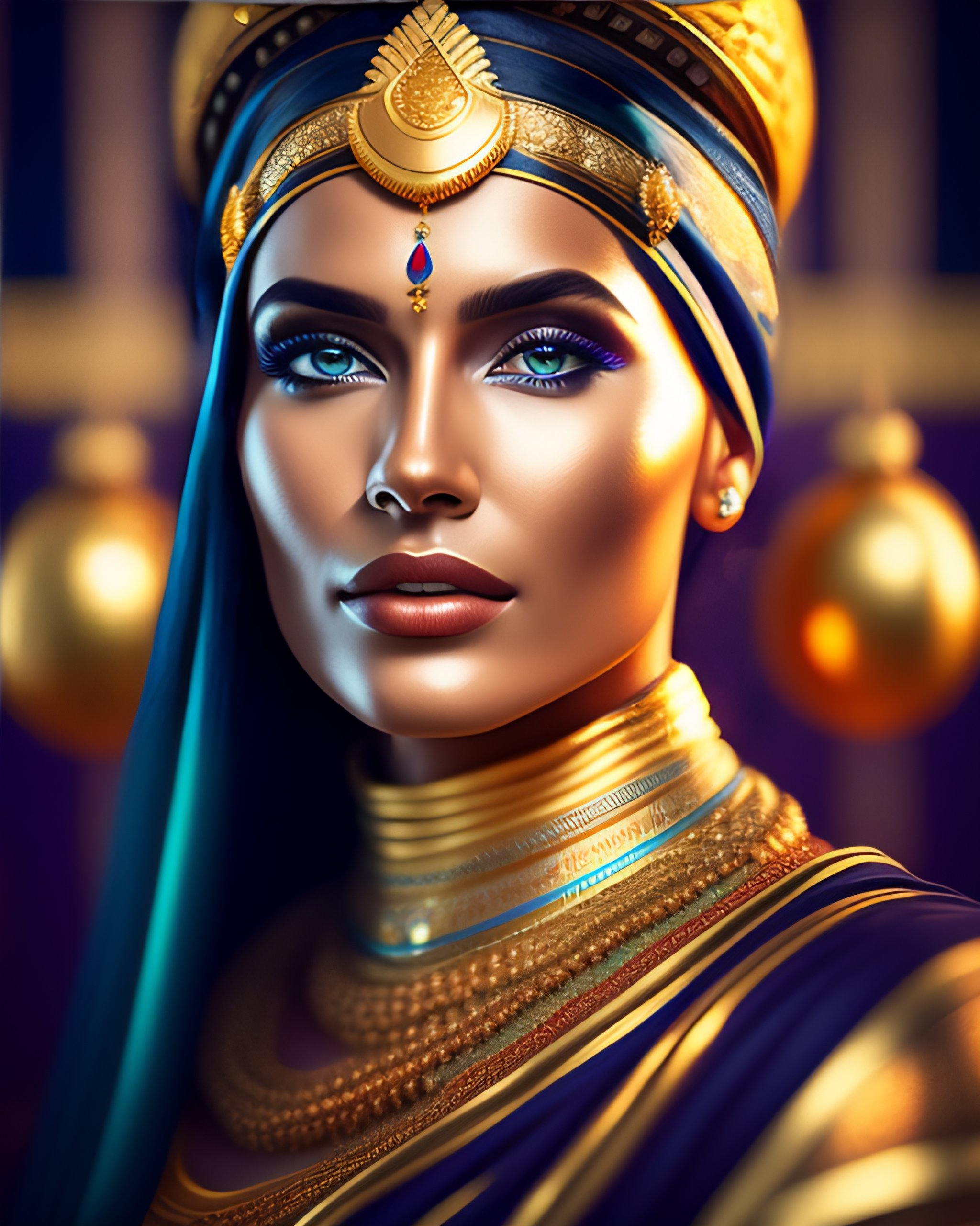 Lexica - ATHENA , goddess with golden skin with blue adornments, hijab, XF IQ4, f/1.4, ISO 200 ...